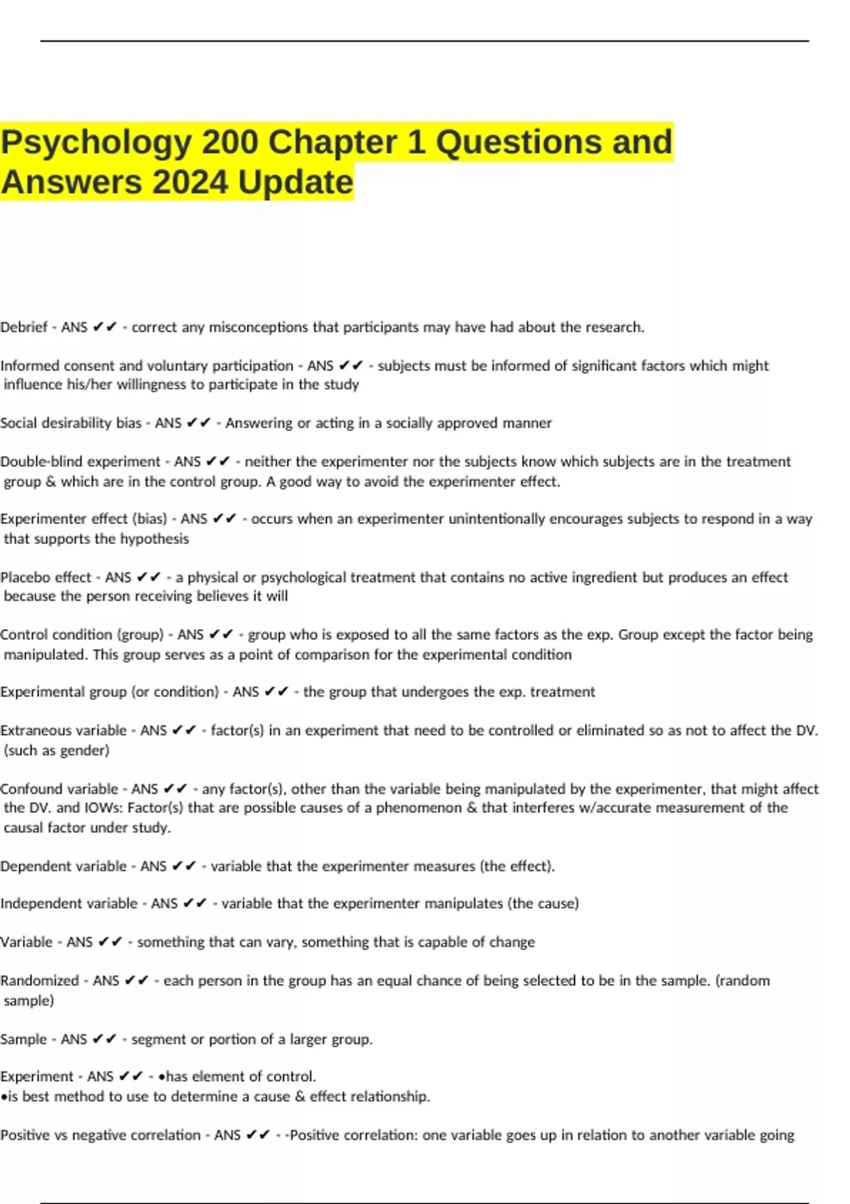 Psychology 200 Chapter 1 Questions and Answers 2024 Update. - Psy 200 ...