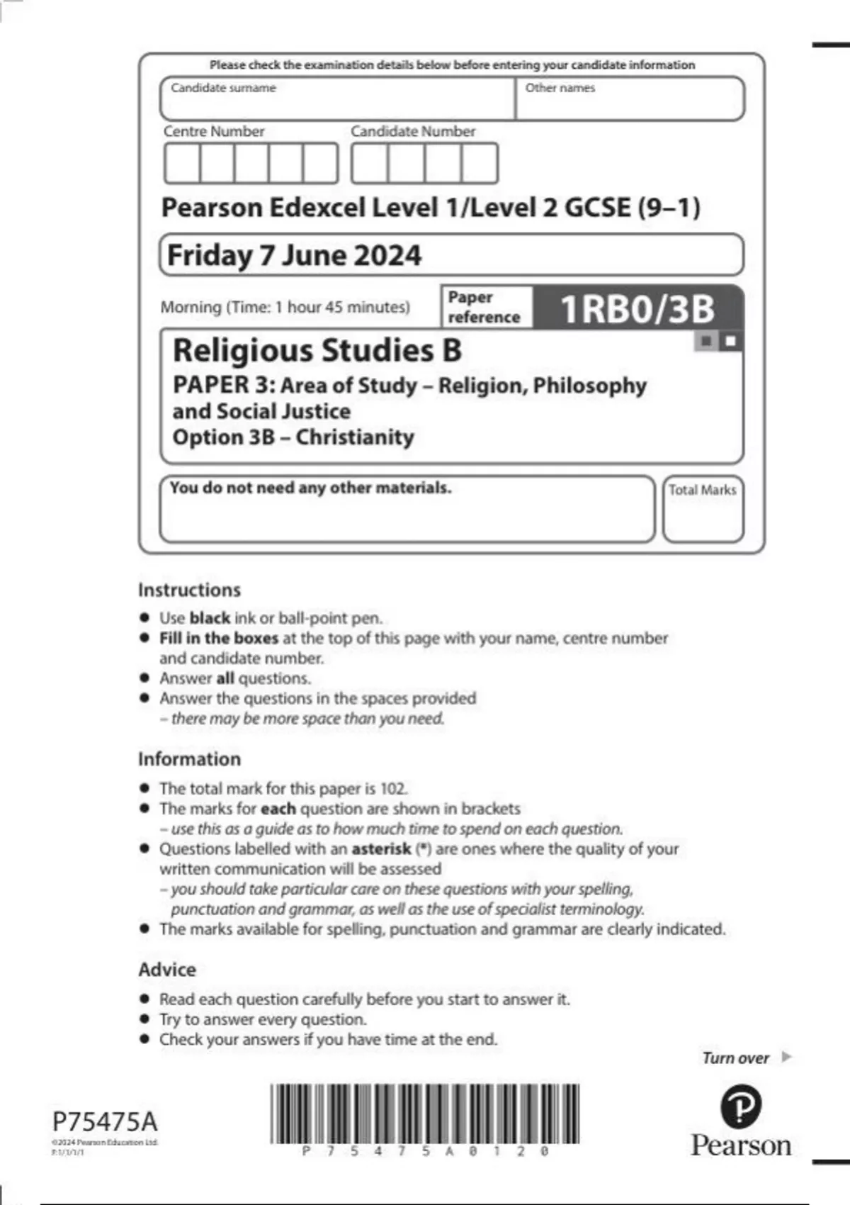 EDEXCEL GCSE religious studies 1rb0-3b christianity QUESTION-PAPER JUNE ...