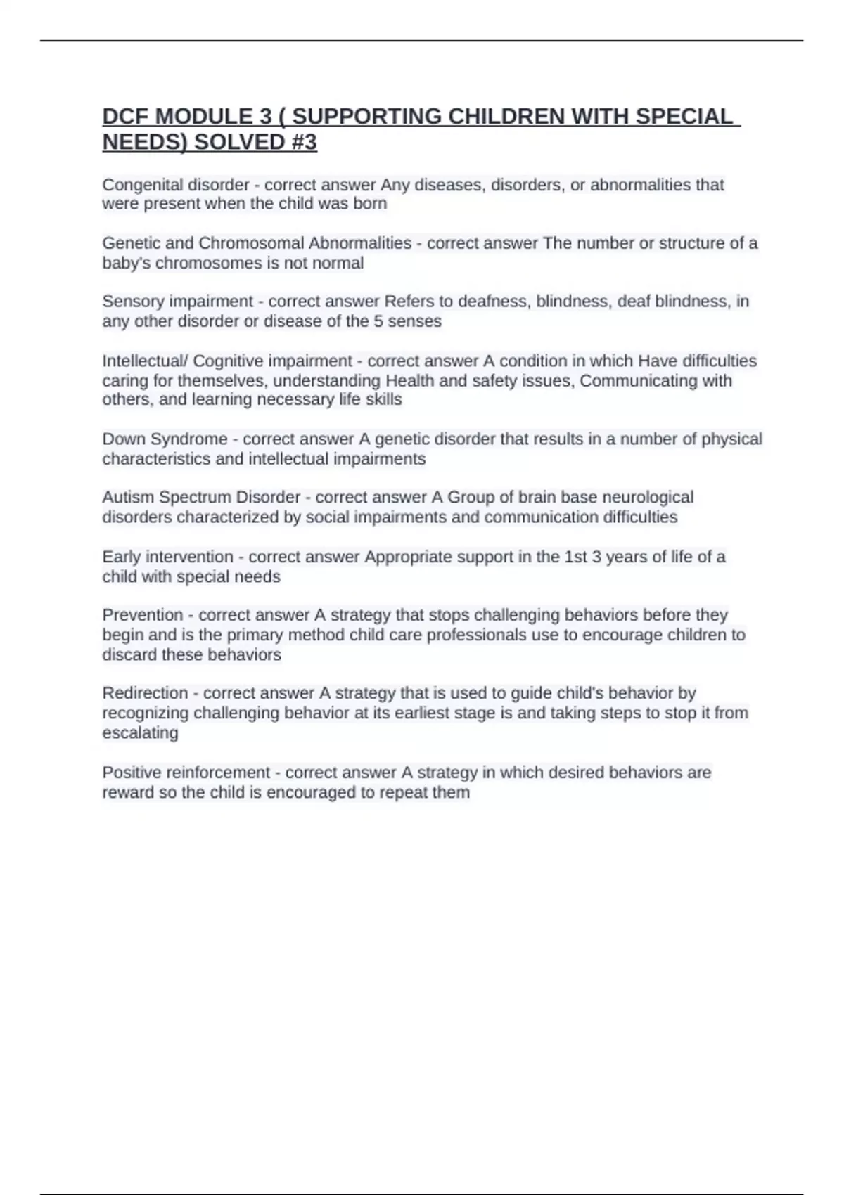 DCF MODULE 3 ( SUPPORTING CHILDREN WITH SPECIAL NEEDS) SOLVED -3 - DCF Special Needs Appropriate ...