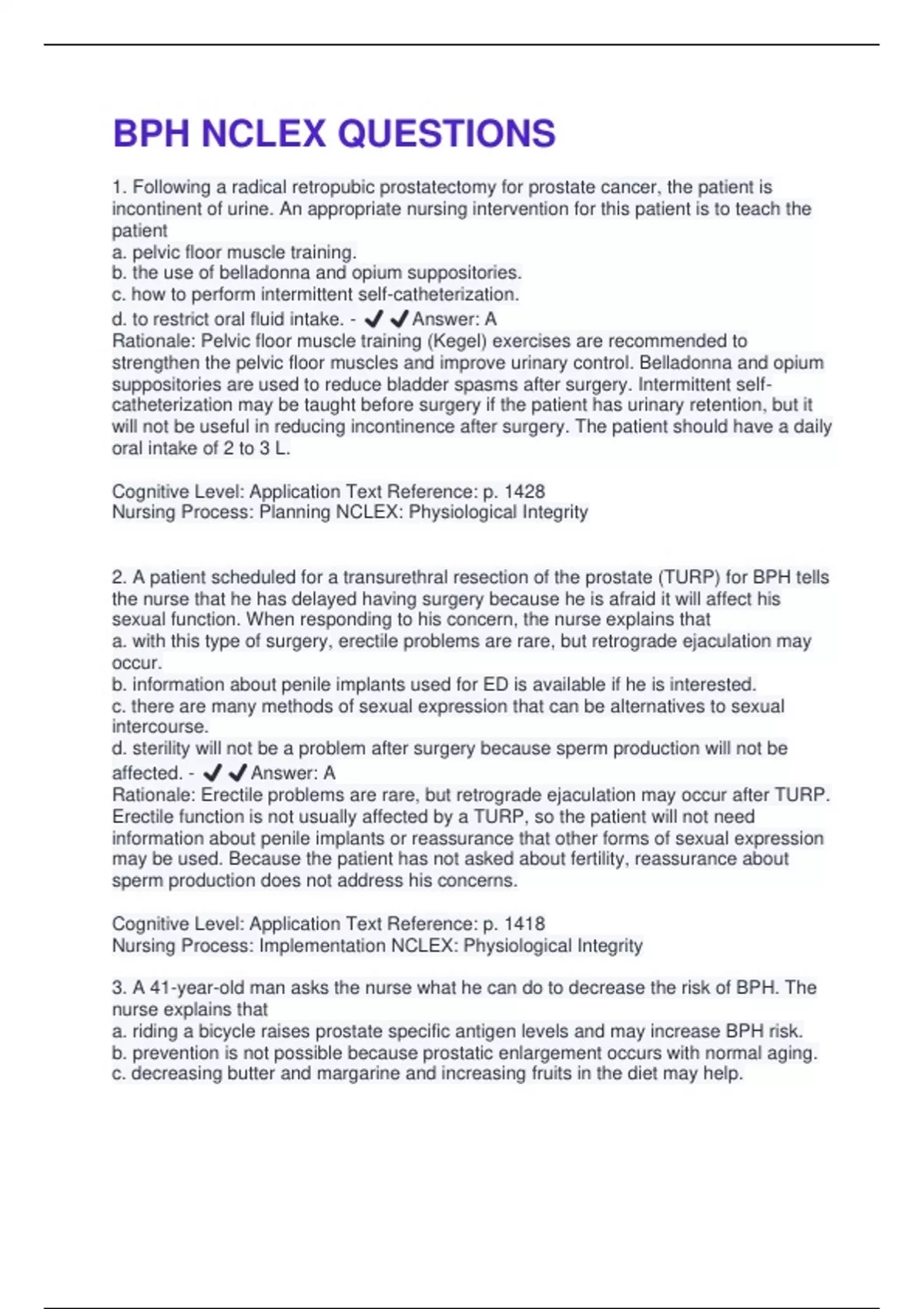 BPH NCLEX EXAM QUESTIONS & ANSWERS SCORED A+ - BPH NCLEX - Stuvia US