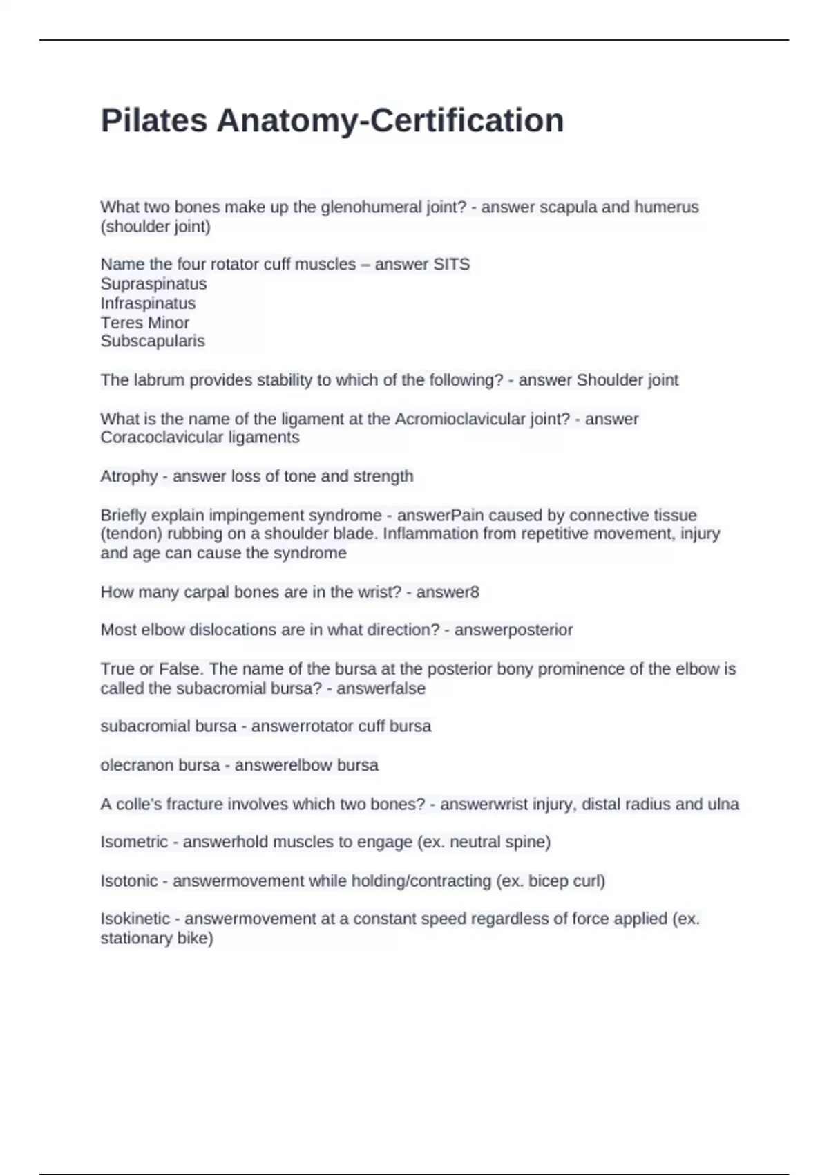 Pilates Anatomy-Certification Questions with correct Answers - Club ...