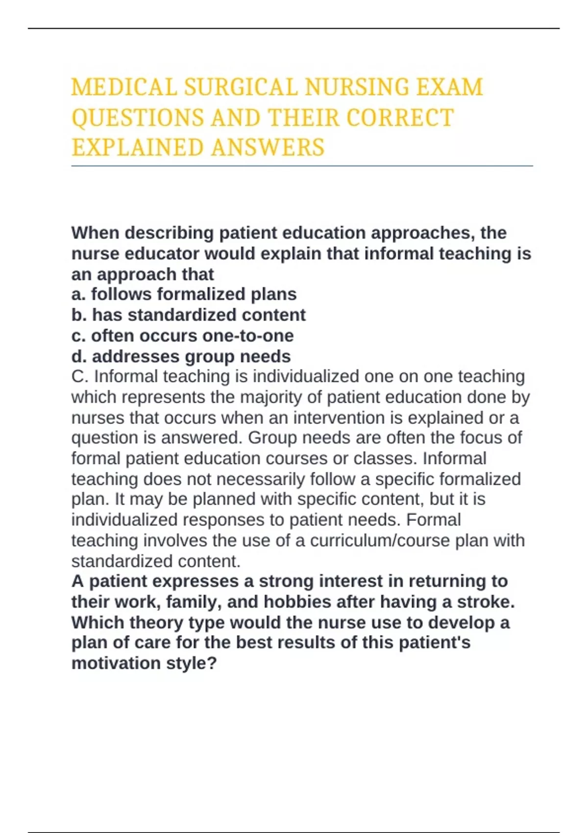MEDICAL SURGICAL NURSING EXAM QUESTIONS AND THEIR CORRECT EXPLAINED ...