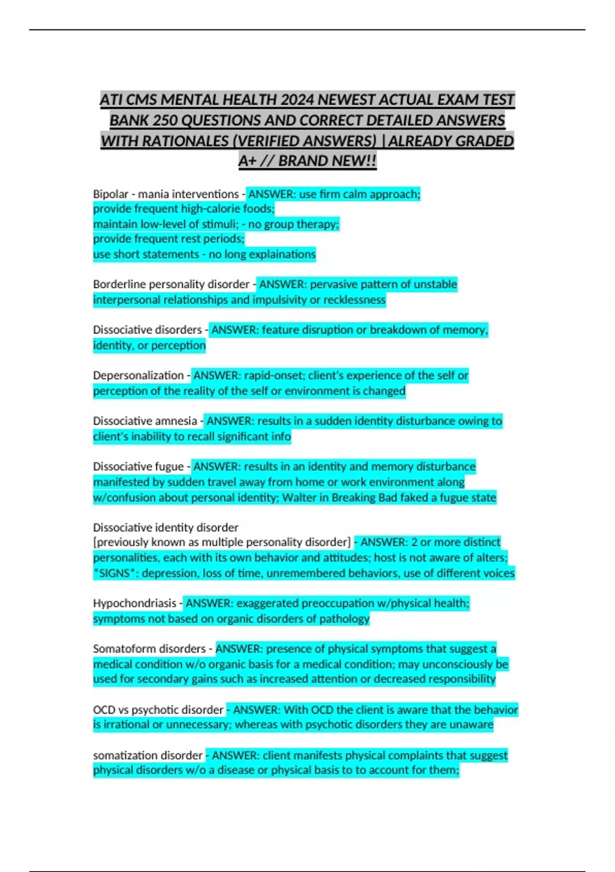 ATI CMS MENTAL HEALTH 2024 NEWEST ACTUAL EXAM - ATI CMS MENTAL HEALTH ...