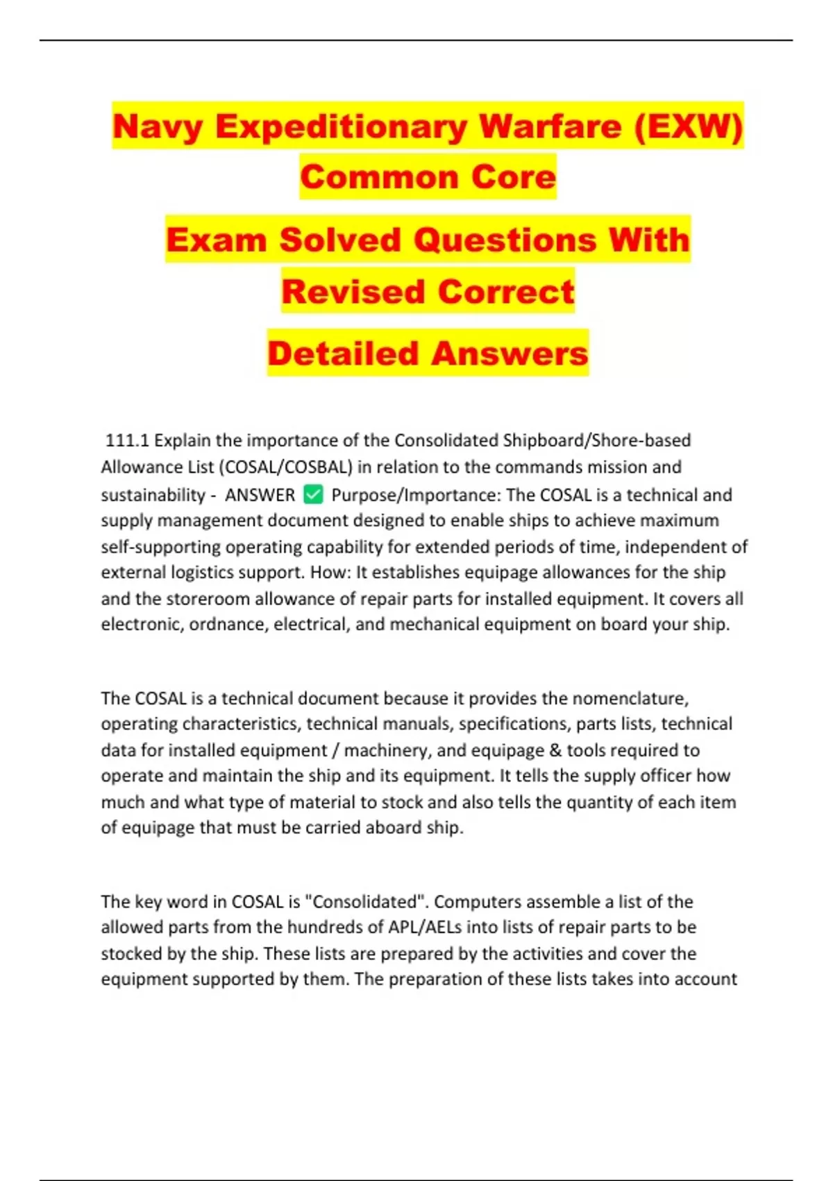 Navy Expeditionary Warfare (EXW) Common Core Exam Solved Questions With ...