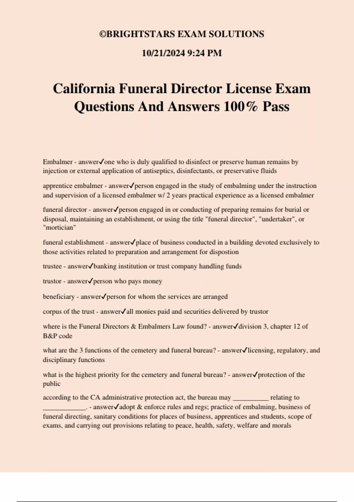 California Funeral Director License Exam Questions And Answers 100% ...