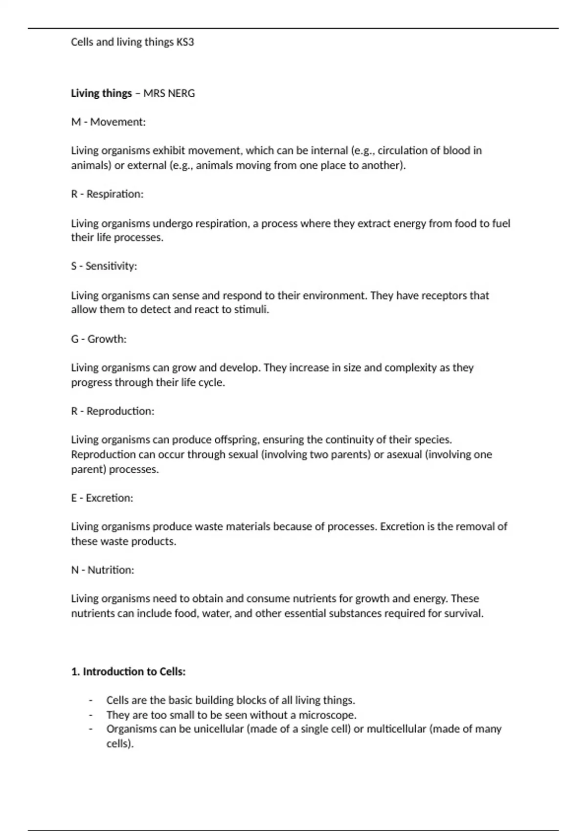 iGCSE/ KS3 lower secondary Cells complete revision notes - Science ...