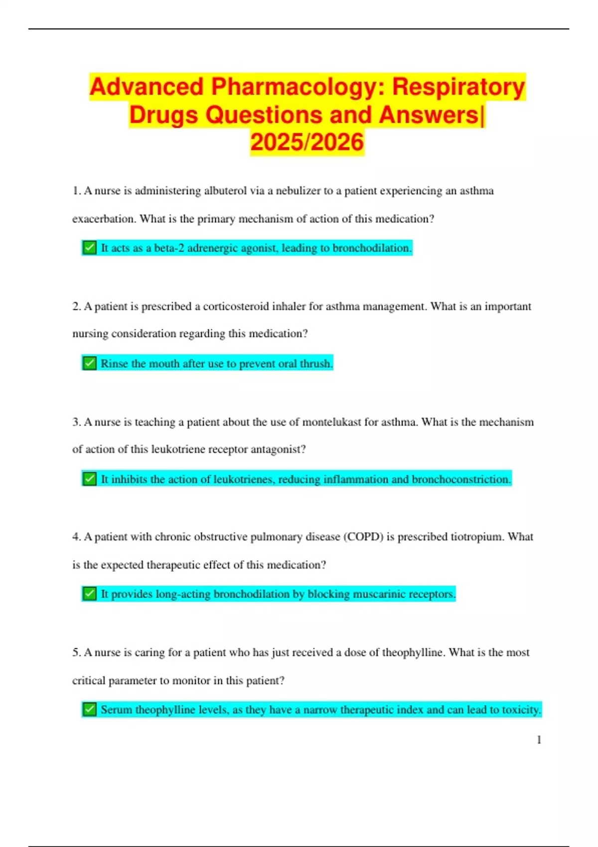 Advanced Pharmacology: Respiratory Drugs Questions and Answers| 2025/ ...