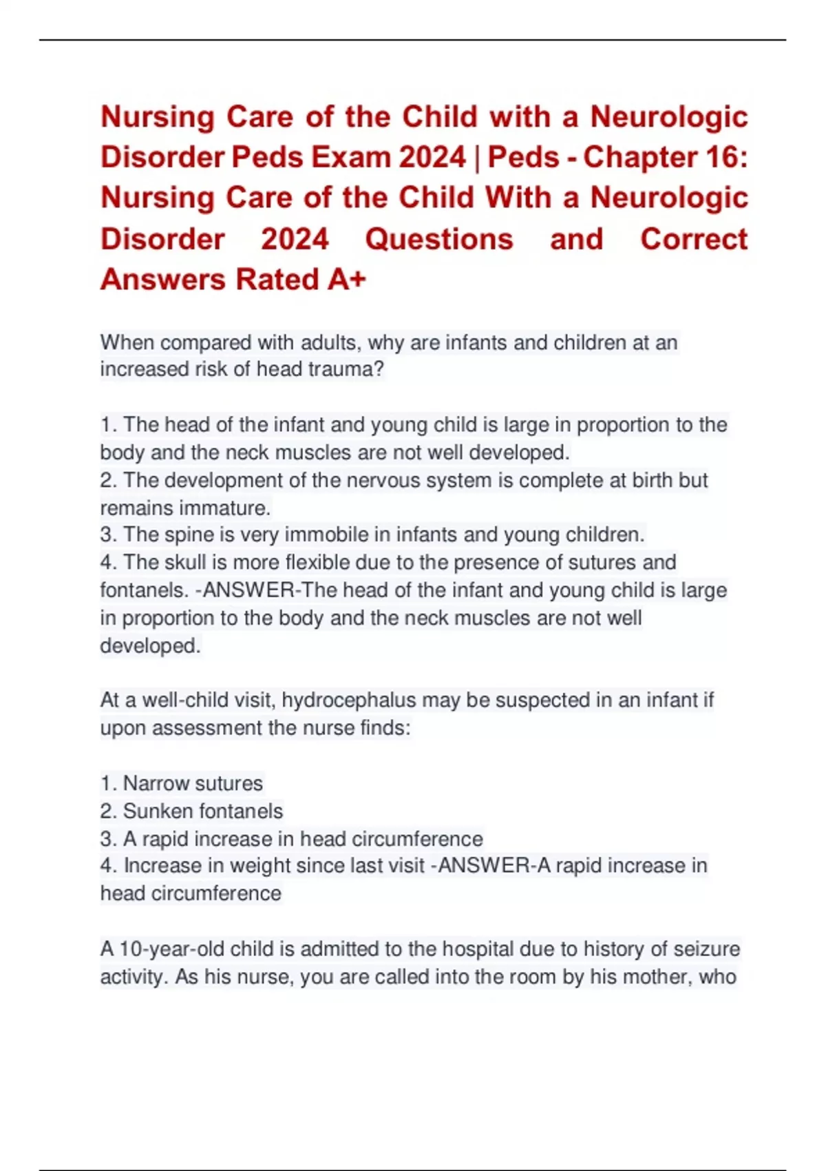 Nursing Care of the Child with a Neurologic Disorder Peds Exam 2024 ...