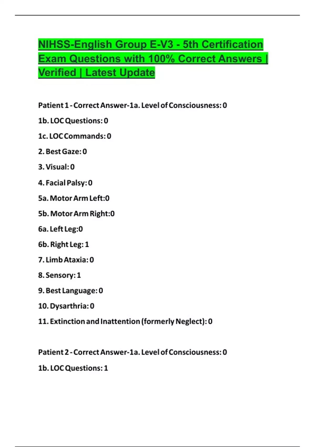 NIHSS-English Group E-V3 - 5th Certification Exam Questions with 100% ...