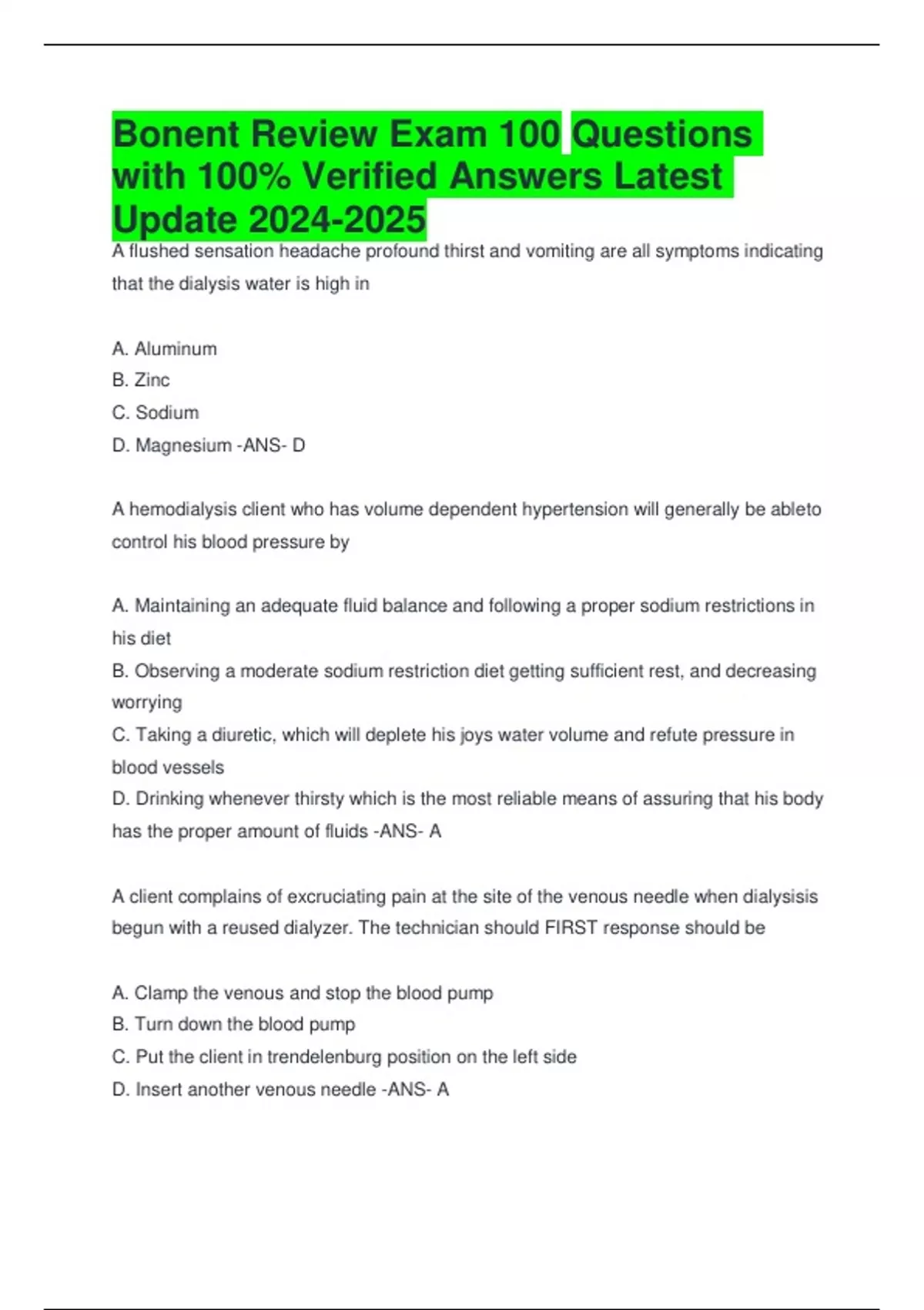 Bonent Review Exam 100 Questions with 100 Verified Answers Latest ...