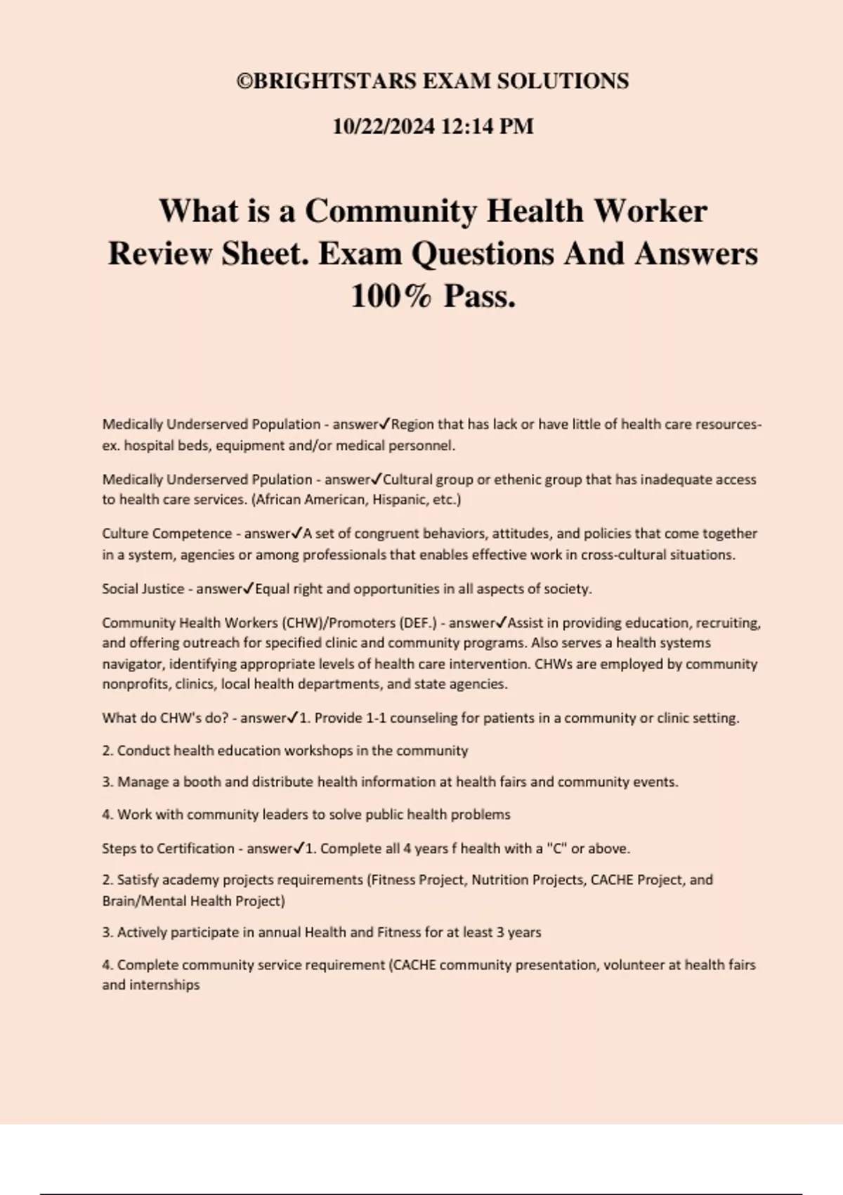 What is a Community Health Worker Review Sheet. Exam Questions And ...