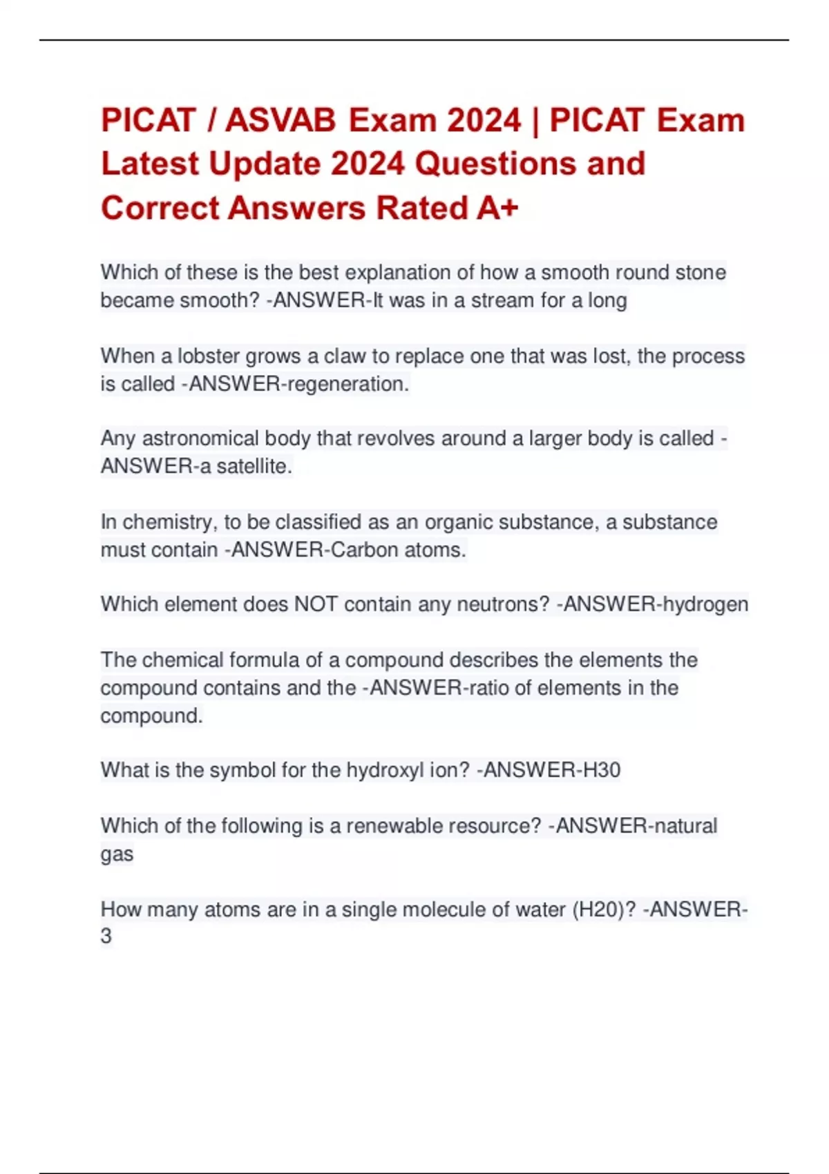 PICAT / ASVAB Exam 2024 | PICAT Exam Latest Update 2024 Questions and ...