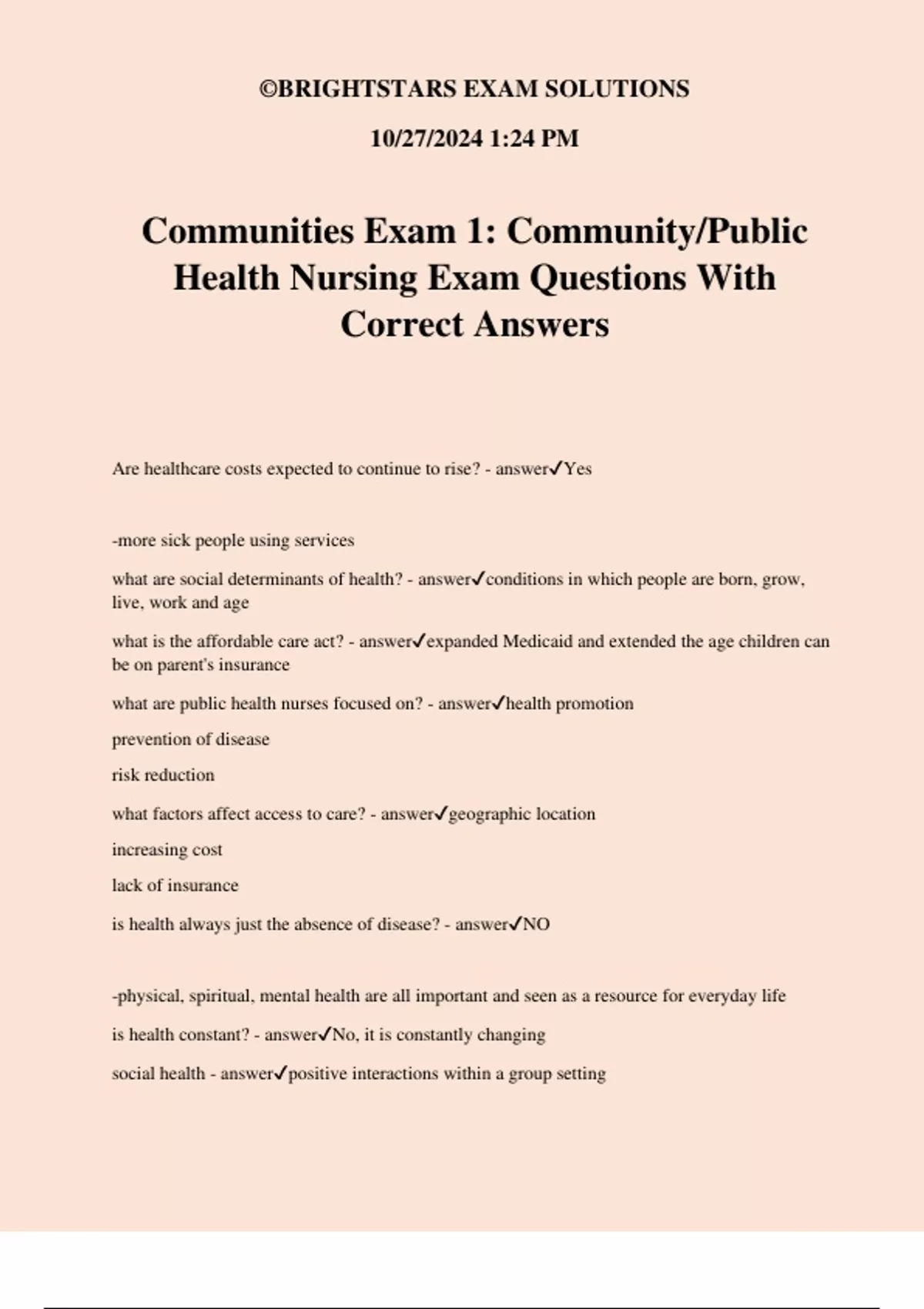 Communities Exam 1: Community/Public Health Nursing Exam Questions With ...