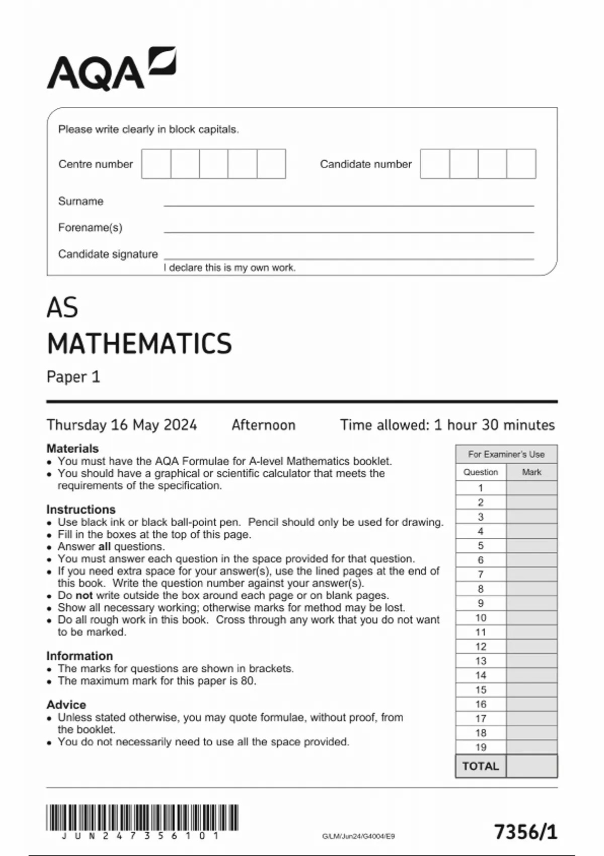 2024 AQA AS MATHEMATICS 1 AND 2 QUESTION PAPER AND FINAL MARK SCHEME ...
