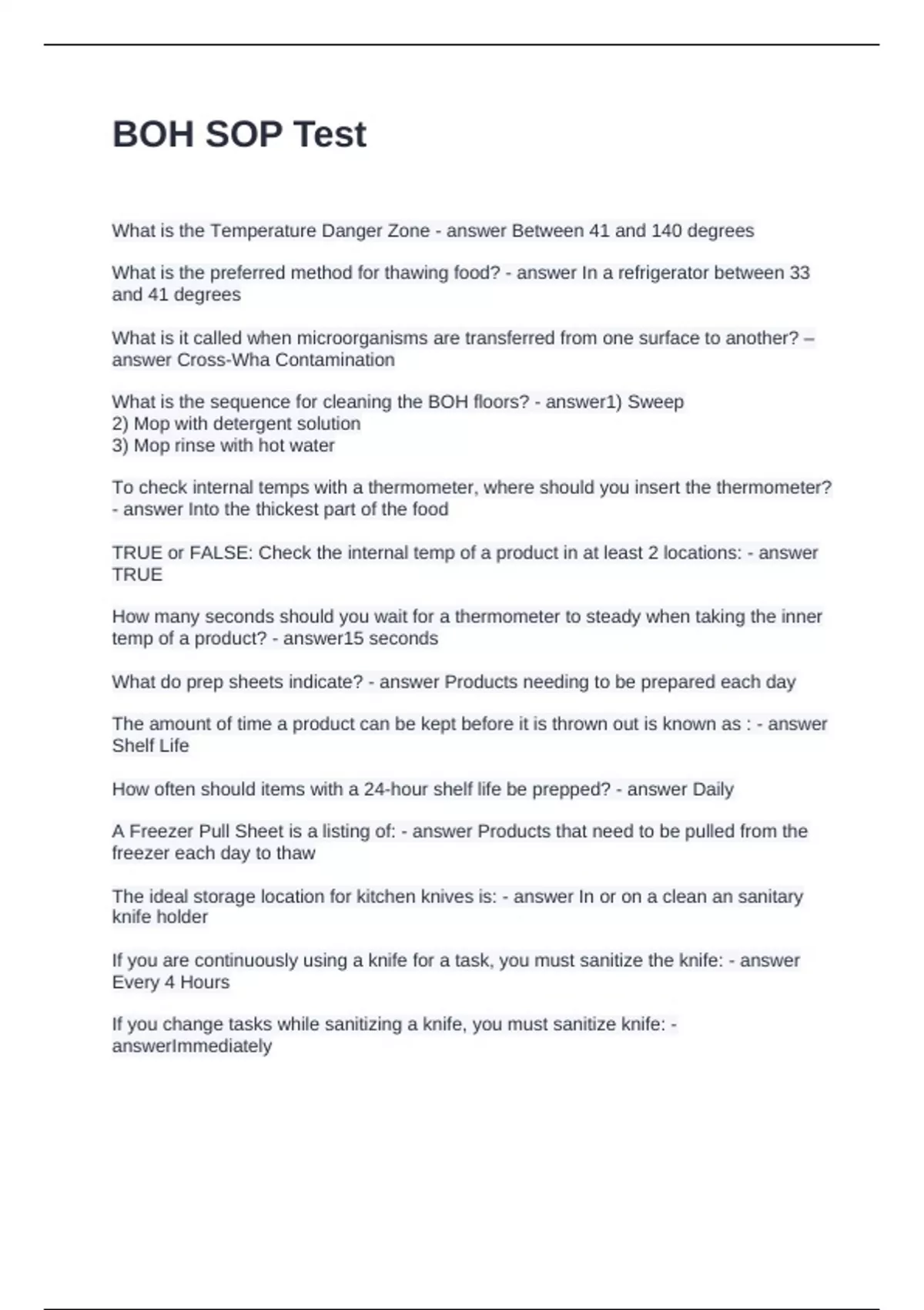 BOH SOP Test Questions and Answers 2024 - IHOP SOP BOH - Stuvia US