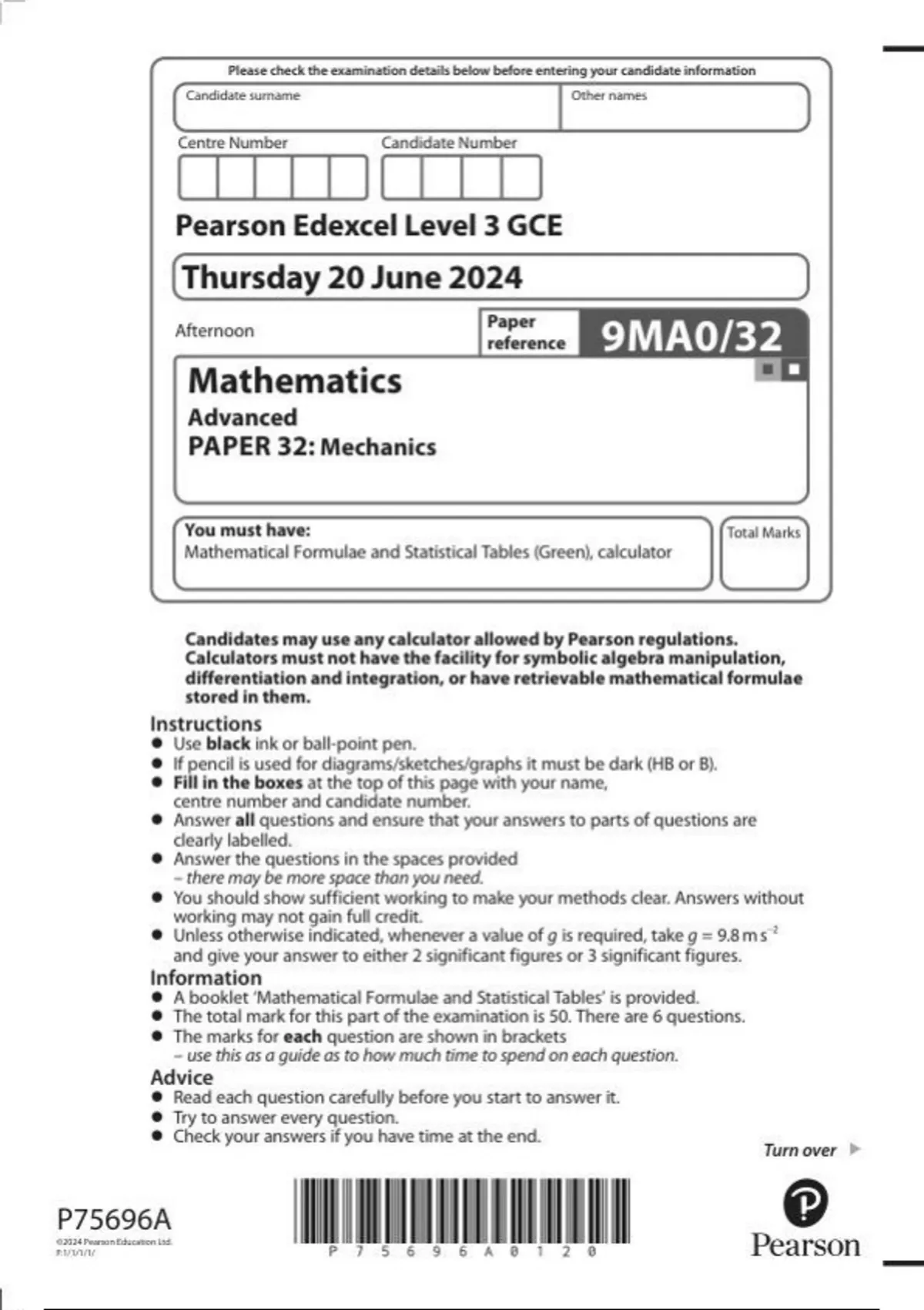 Pearson Edexcel A Level MATHEMATICS paper 32 (9hiO-32) June 2024 ...