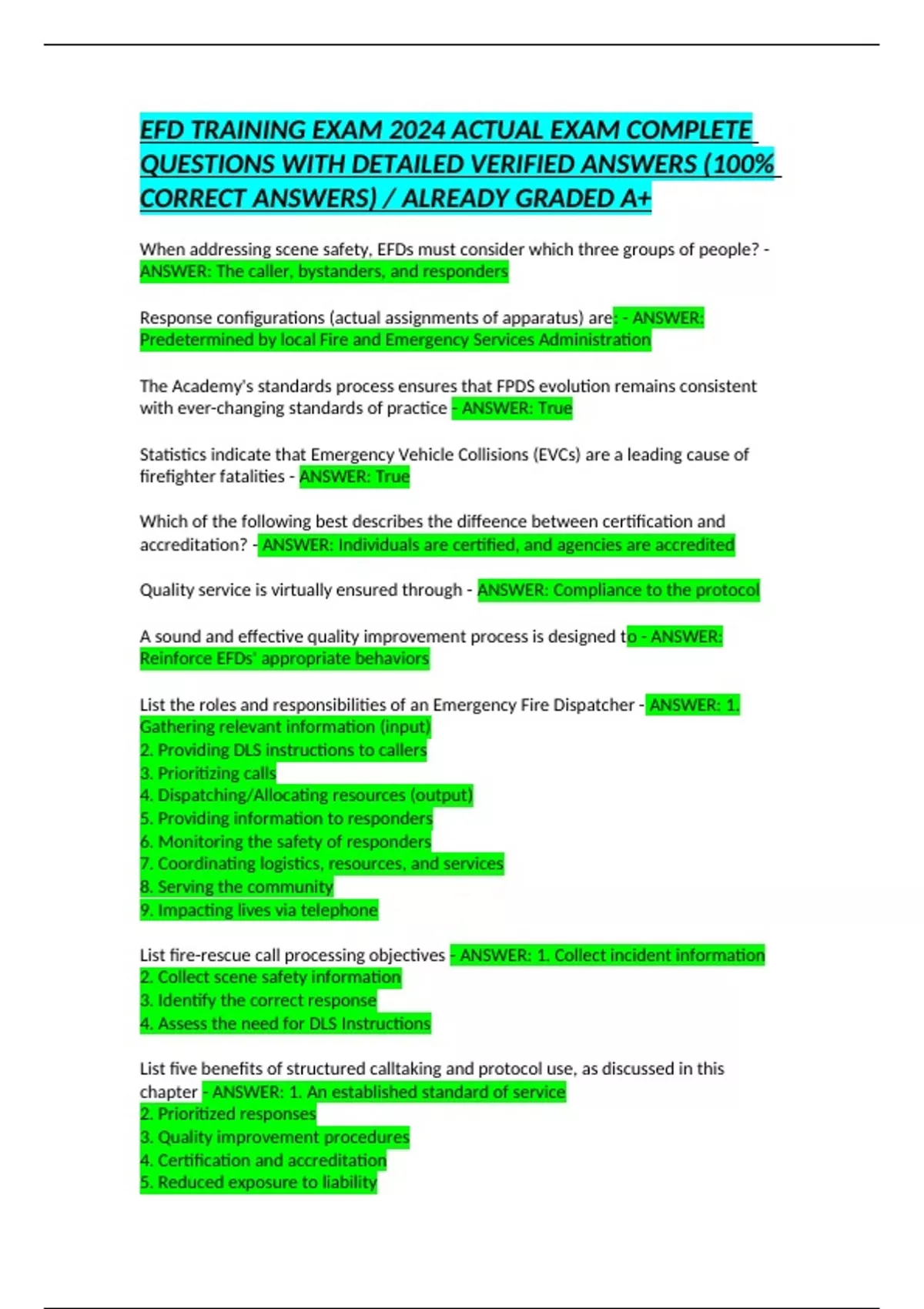 EFD TRAINING EXAM 2024 ACTUAL EXAM COMPLETE QUESTIONS WITH DETAILED ...