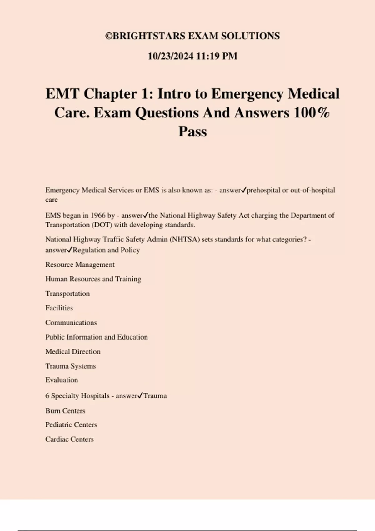 EMT Chapter 1: Intro to Emergency Medical Care. Exam Questions And Answers 100% Pass - EMT ...