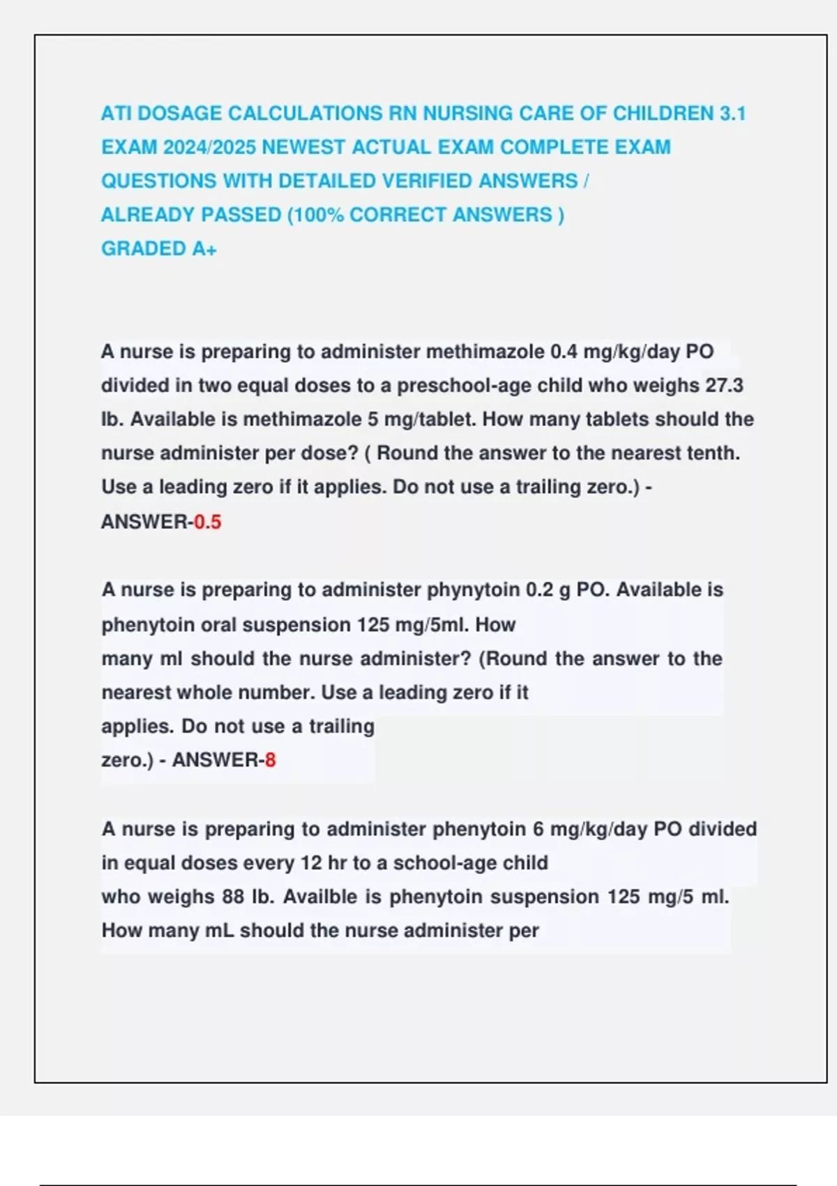 ATI DOSAGE CALCULATIONS RN NURSING CARE OF CHILDREN 3.1 EXAM 2024/2025 ...