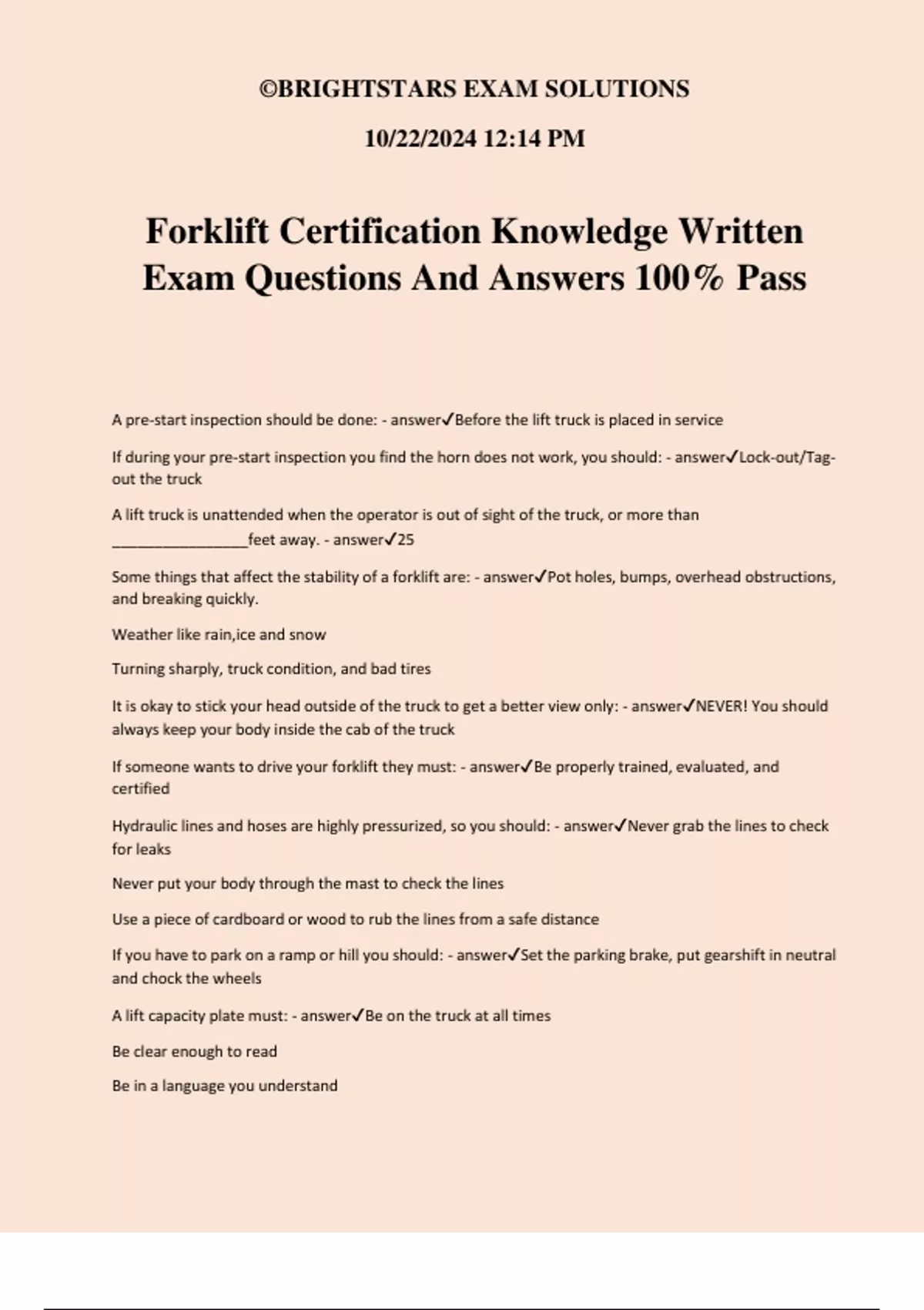 Forklift Certification Knowledge Written Exam Questions And Answers 100 ...