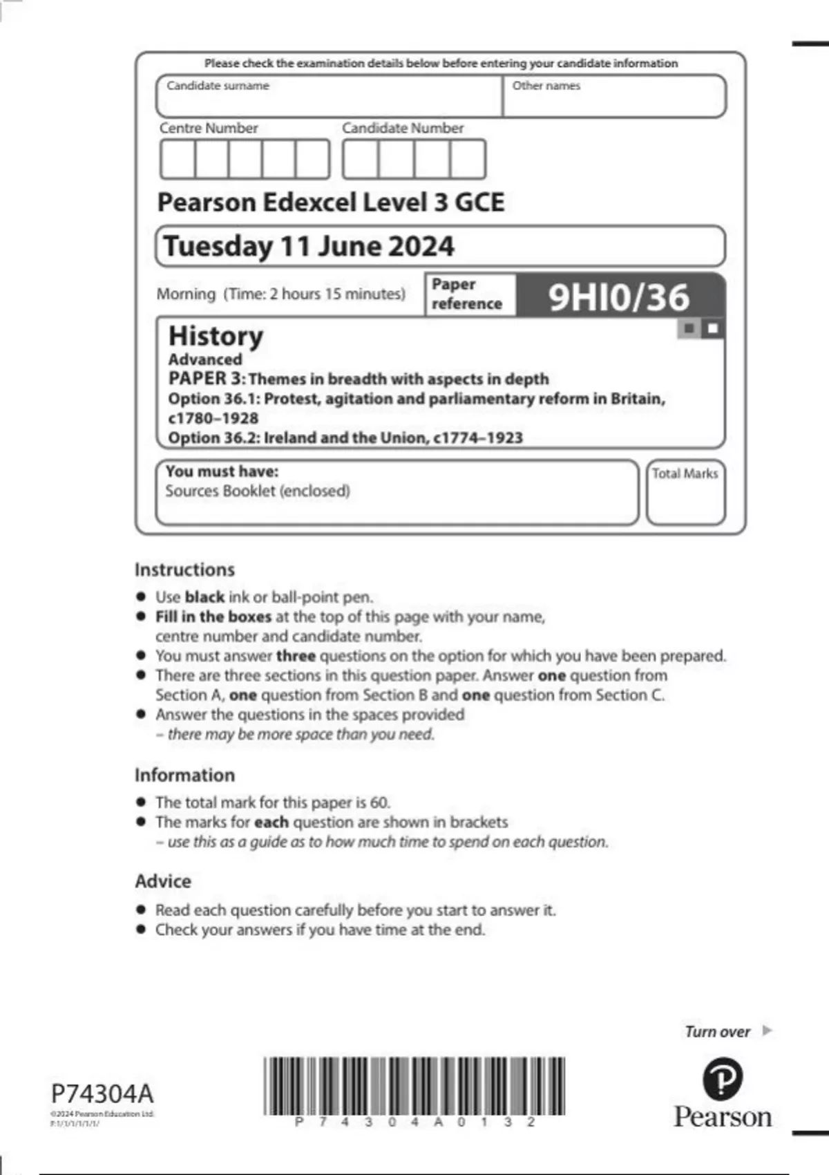Pearson Edexcel A Level HISTORY Paper 3 option 36 (9hio-36)June 2025 ...