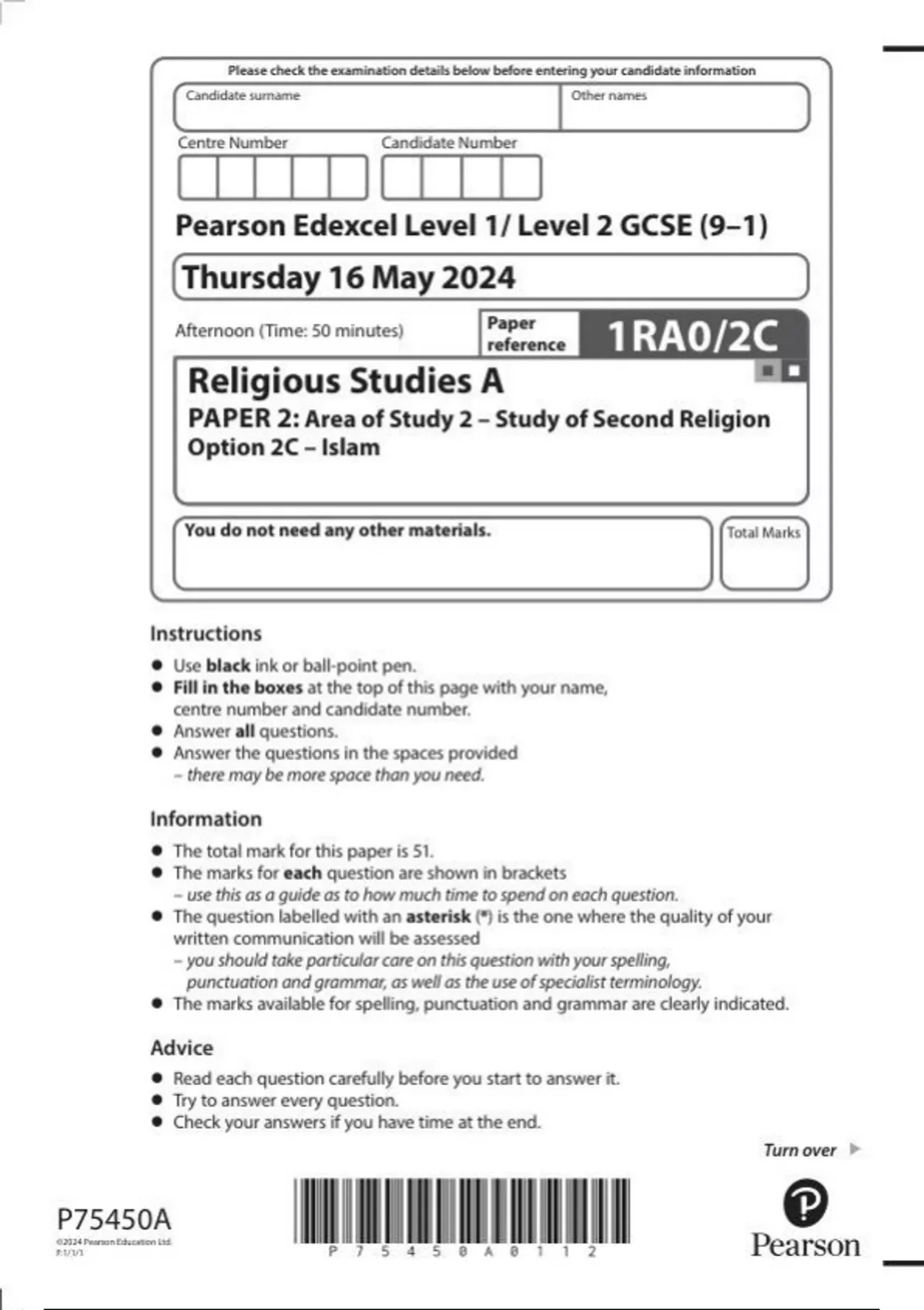 EDEXCEL GCSE religious studies 1ra0-2c islam QUESTION-PAPER JUNE 2024 ...