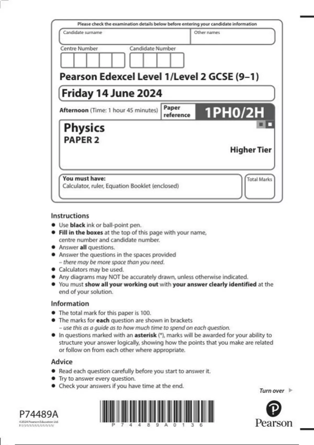 EDEXCEL GCSE physics 1ph0-2h paper 2 higher tier question-paper june 2024 - Edexcel - Stuvia US