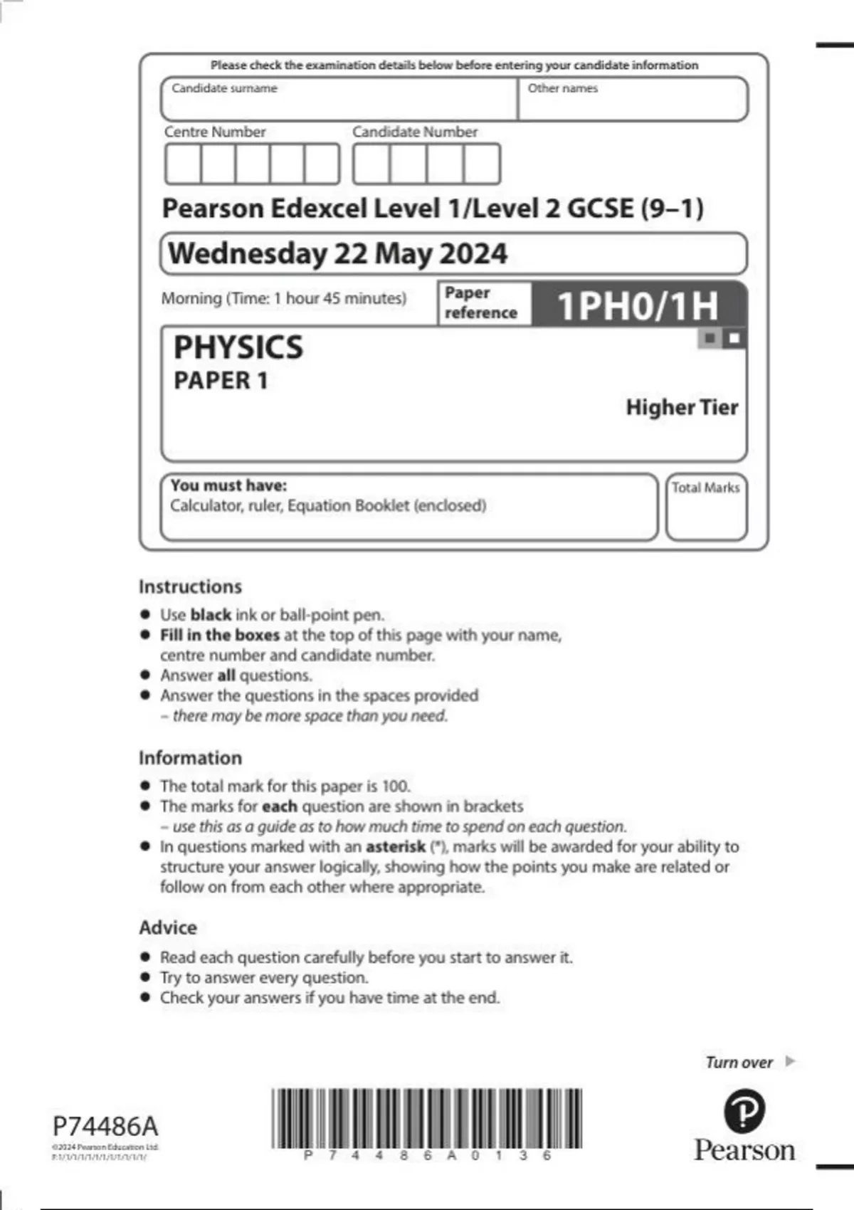 EDEXCEL GCSE physics 1ph0-1h paper 1 higher tier question-paper may ...