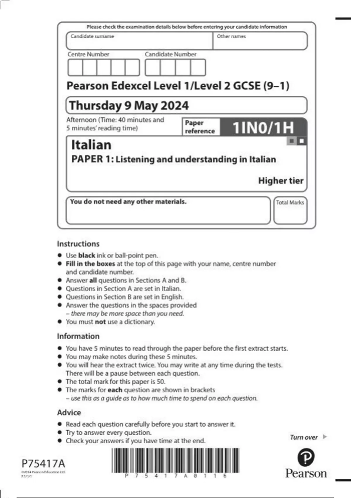 EDEXCEL GCSE italian 1in0-1h paper 1: listening and understanding in ...