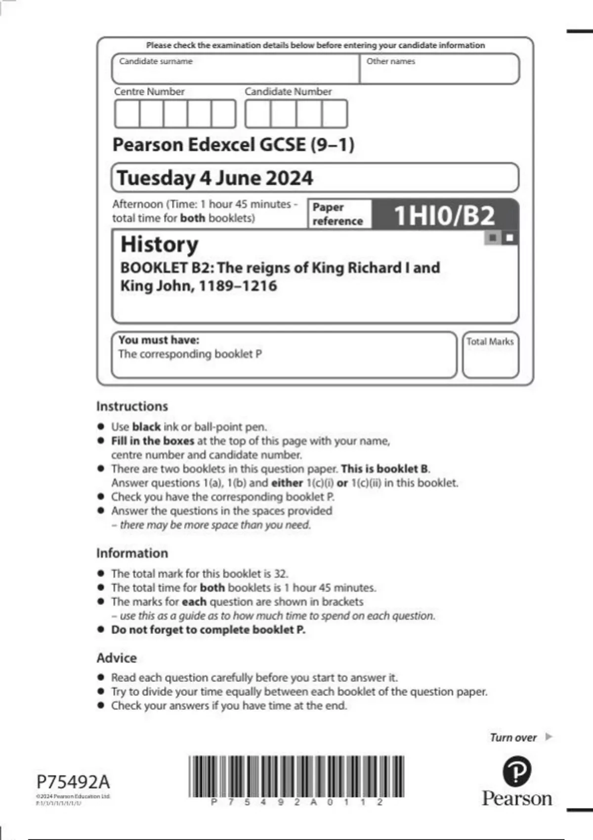 edexcel gcse history 1hi0-b2 booklet question-paper june 2024 - Edexcel ...
