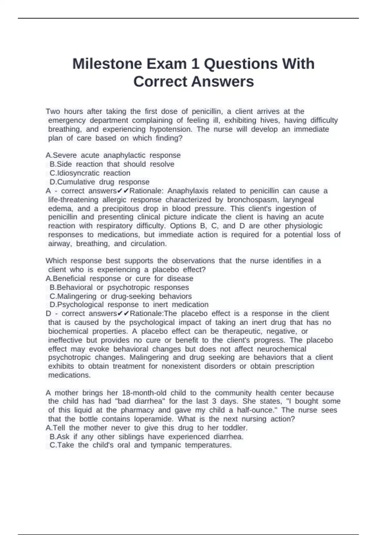 Milestone Exam 1 Questions With Correct Answers - HESI MILESTONE ...
