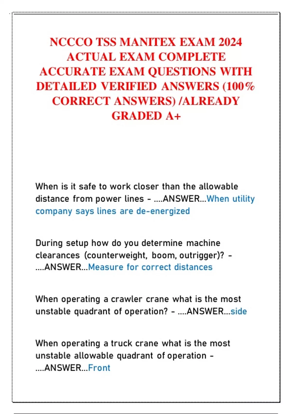 NCCCO TSS MANITEX EXAM 2024 ACTUAL EXAM COMPLETE ACCURATE EXAM ...