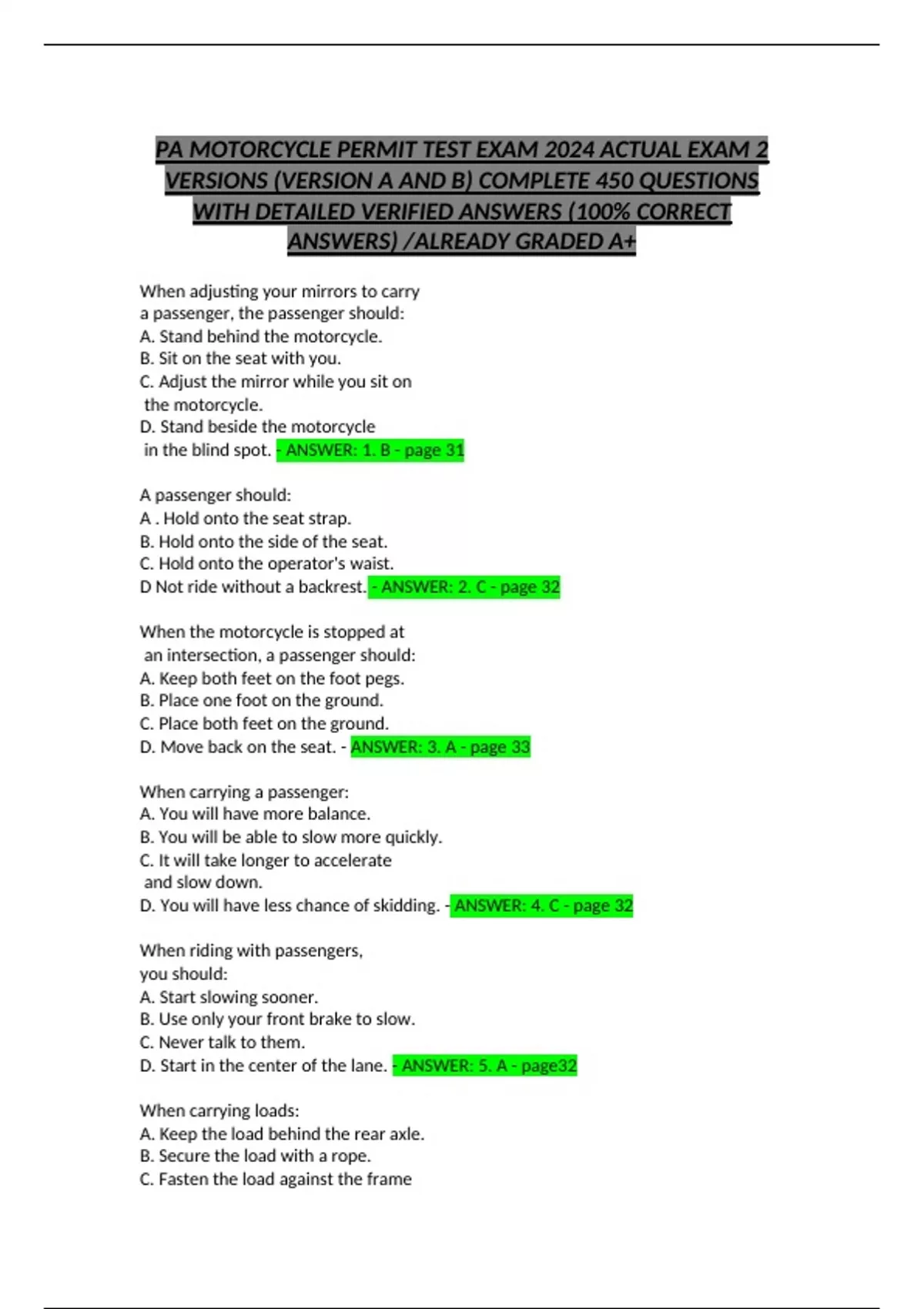 PA MOTORCYCLE PERMIT TEST EXAM 2024 ACTUAL EXAM 2 VERSIONS (VERSION A ...