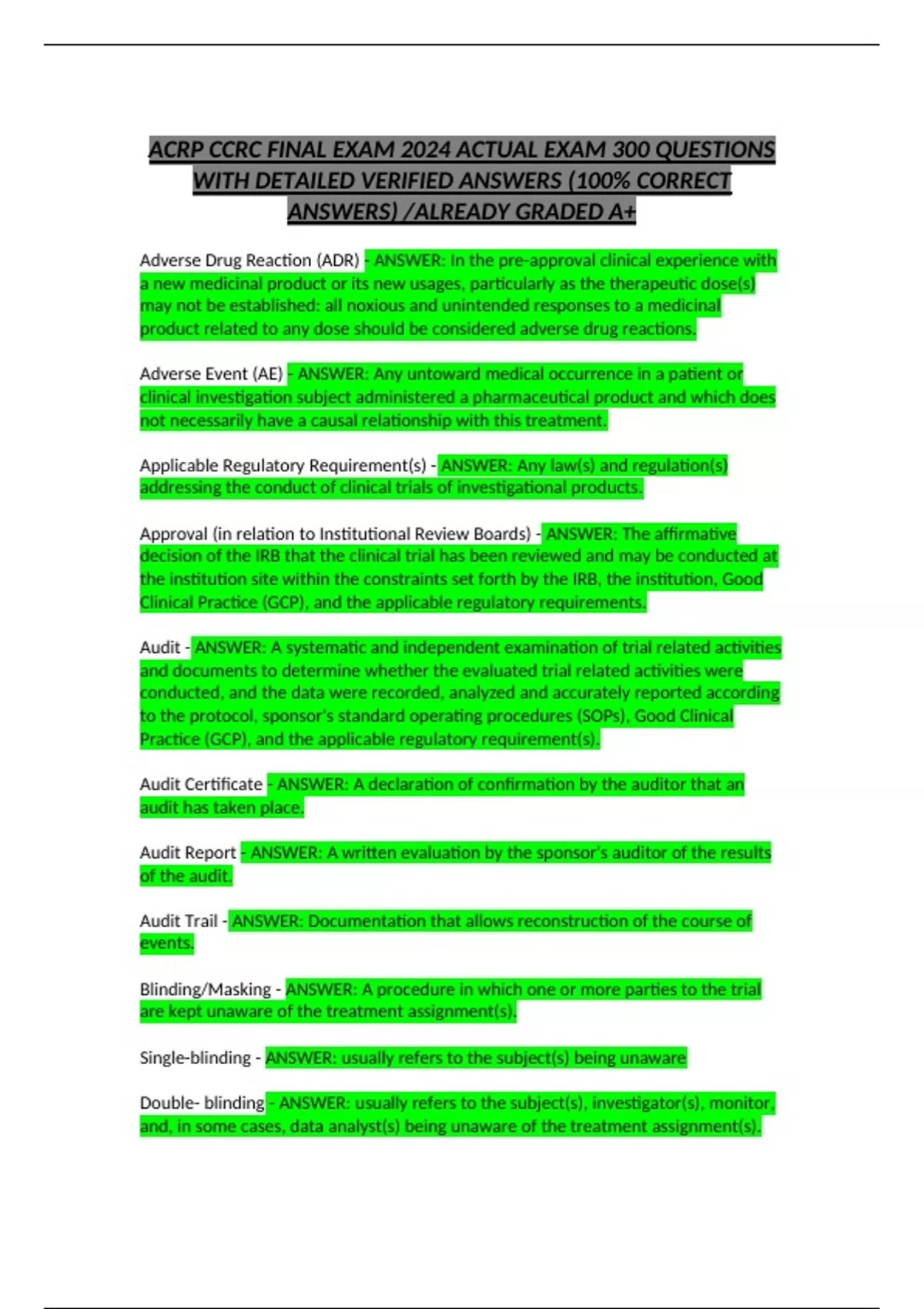 ACRP CCRC FINAL EXAM 2024 ACTUAL EXAM 300 QUESTIONS WITH DETAILED VERIFIED ANSWERS (100% CORRECT ...