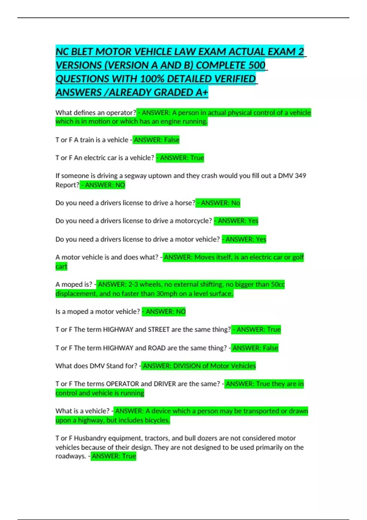 NC BLET MOTOR VEHICLE LAW EXAM ACTUAL EXAM 2 VERSIONS (VERSION A AND B ...