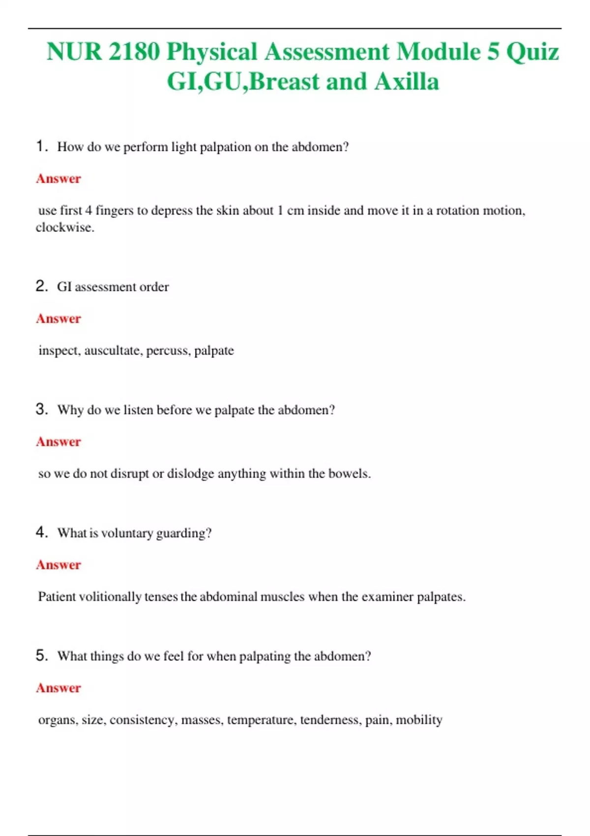 NUR 2180 ( LATEST 2024 / 2025 ) PHYSICAL ASSESSMENT MODULE 5 QUIZ GI,GU ...