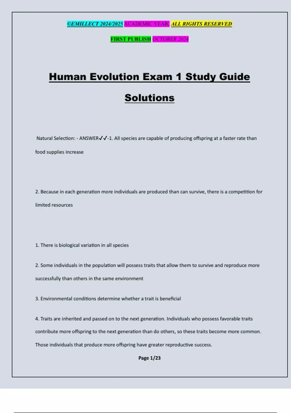 Human Evolution Exam 1 Study Guide Solutions - Evolution - Stuvia US