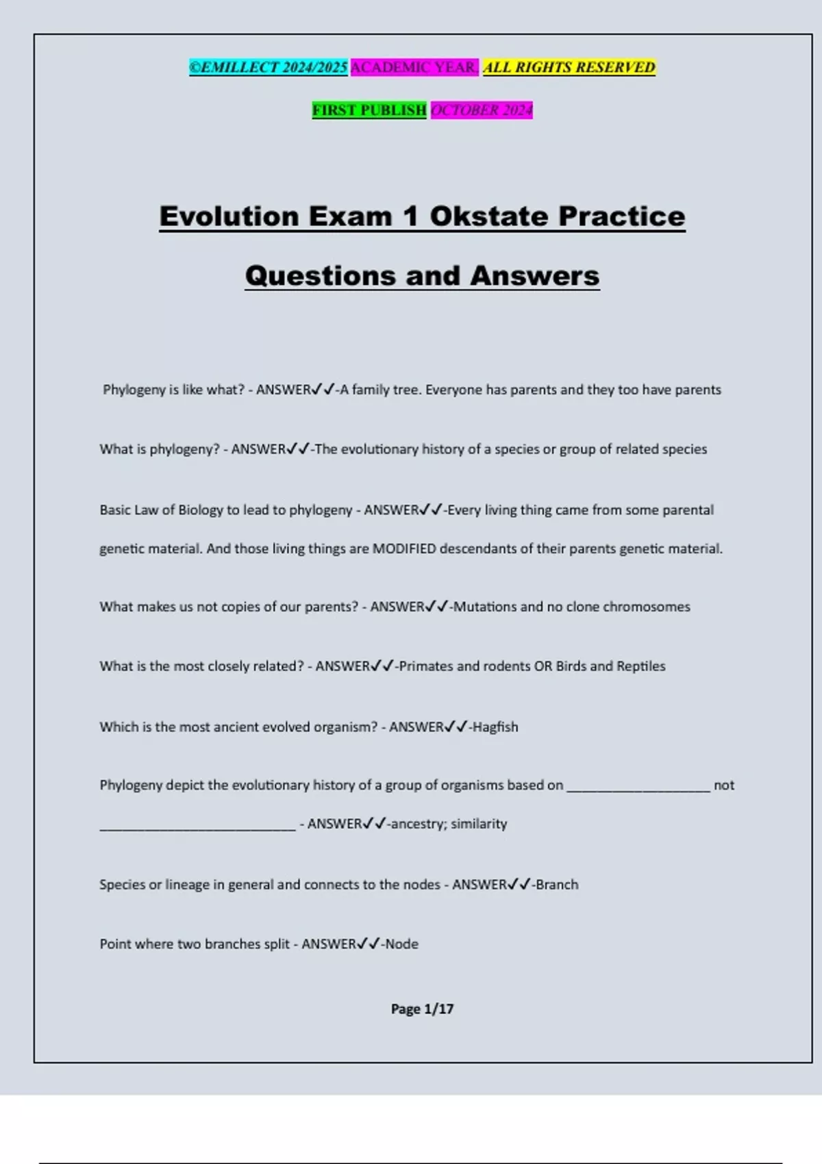 Evolution Exam 1 Okstate Practice Questions and Answers - Evolution ...