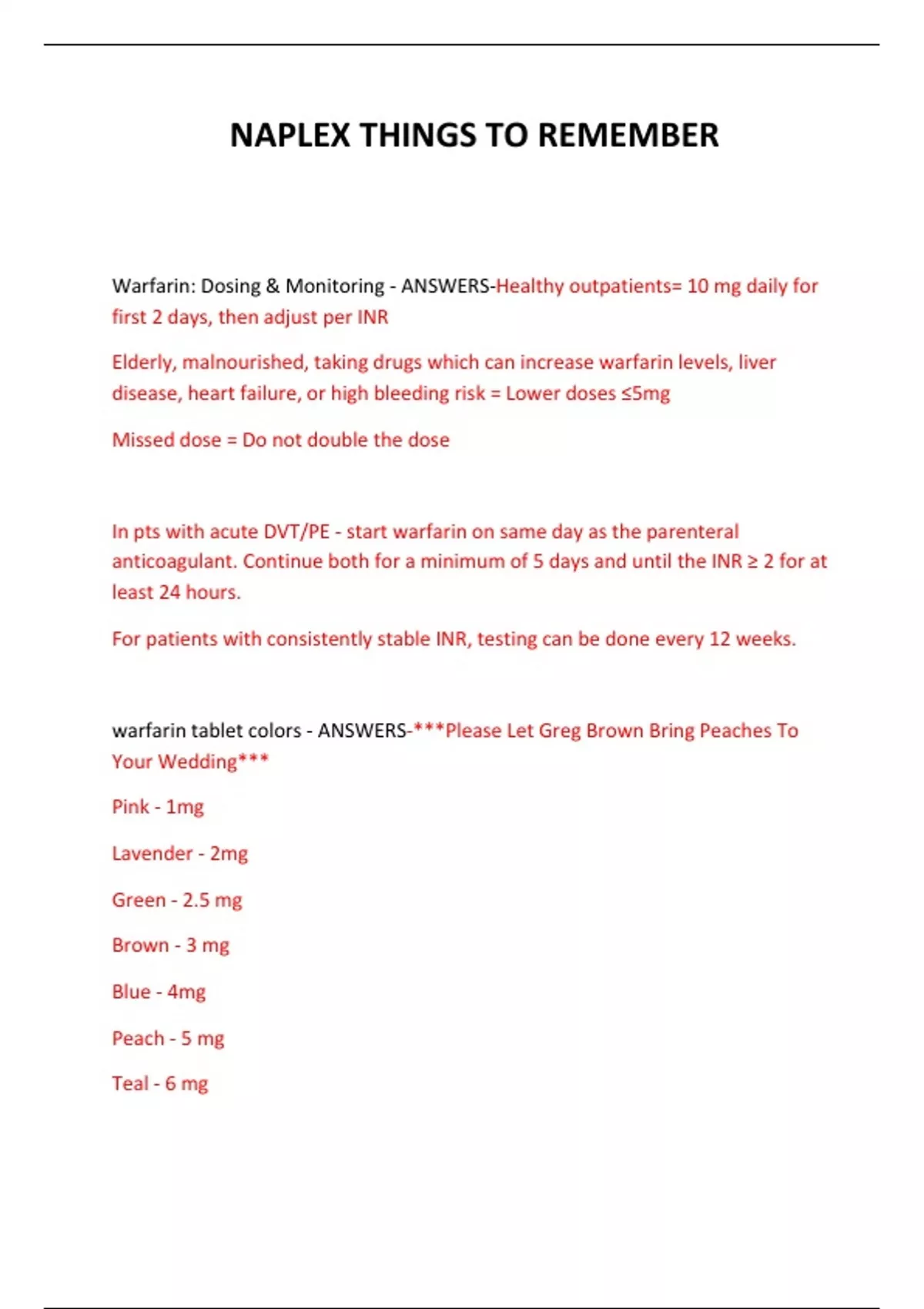 NAPLEX THINGS TO REMEMBER QUESTIONS AND ANSWERS 2024 - NAPLEX THINGS TO ...