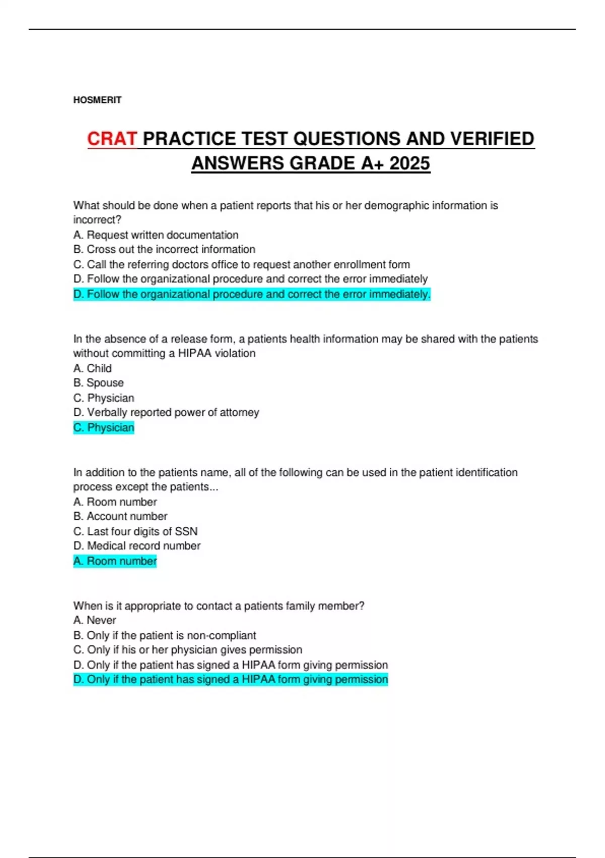 CRAT PRACTICE TEST QUESTIONS AND VERIFIED ANSWERS GRADE A+ 2025 - CRAT ...
