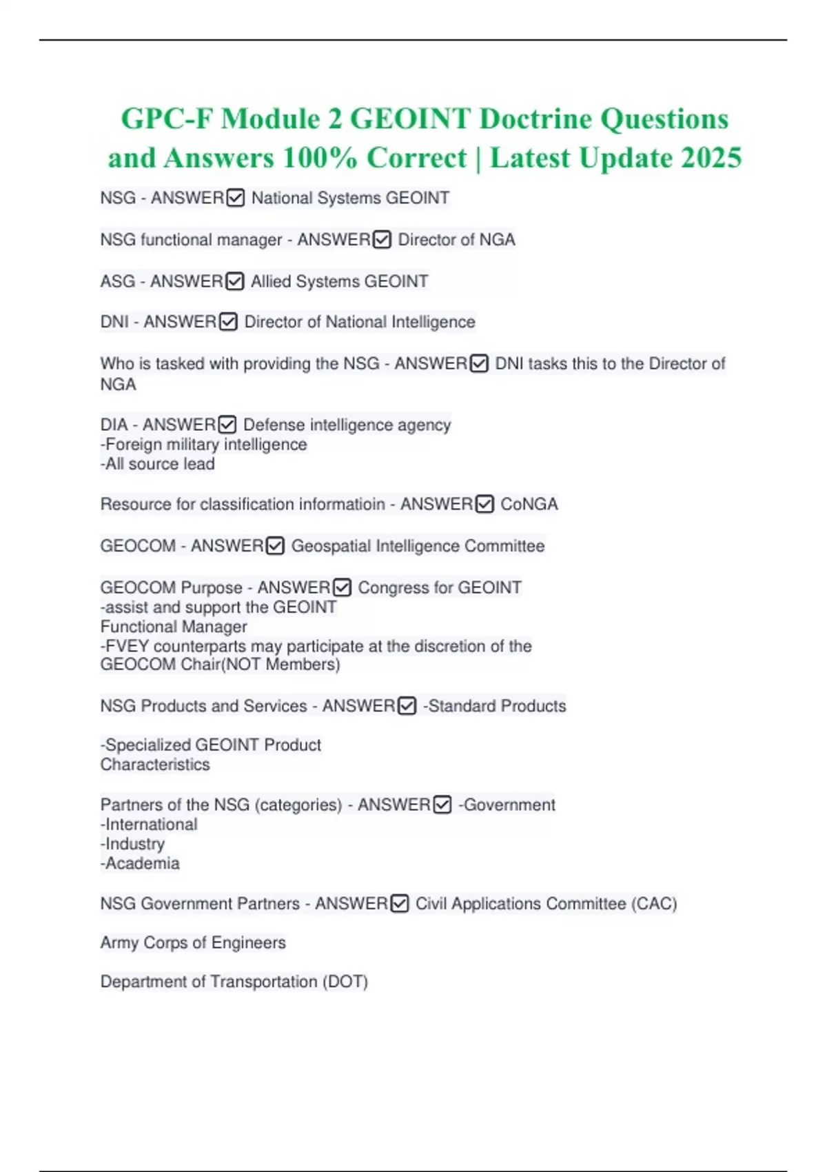 GPC-F Module 2 GEOINT Doctrine Questions and Answers 100% Correct ...