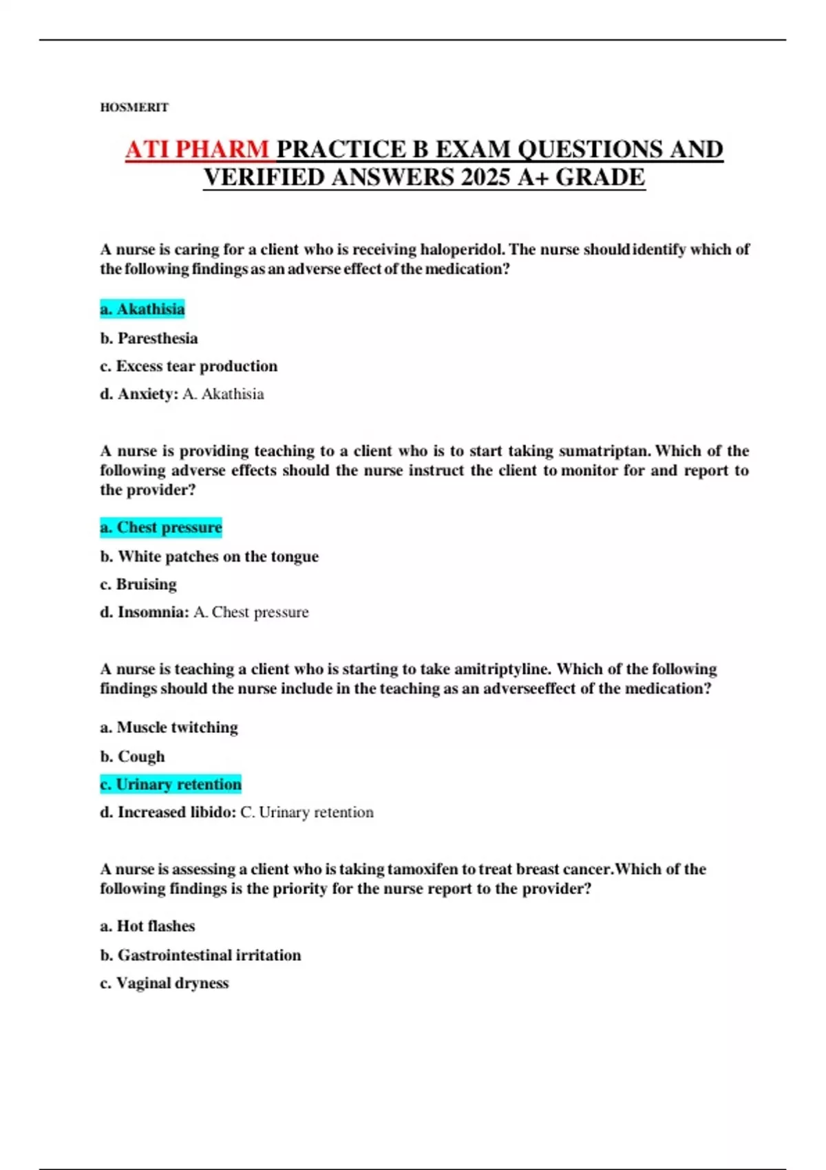 ATI PHARM PRACTICE B EXAM QUESTIONS AND VERIFIED ANSWERS 2025 A+ GRADE ...