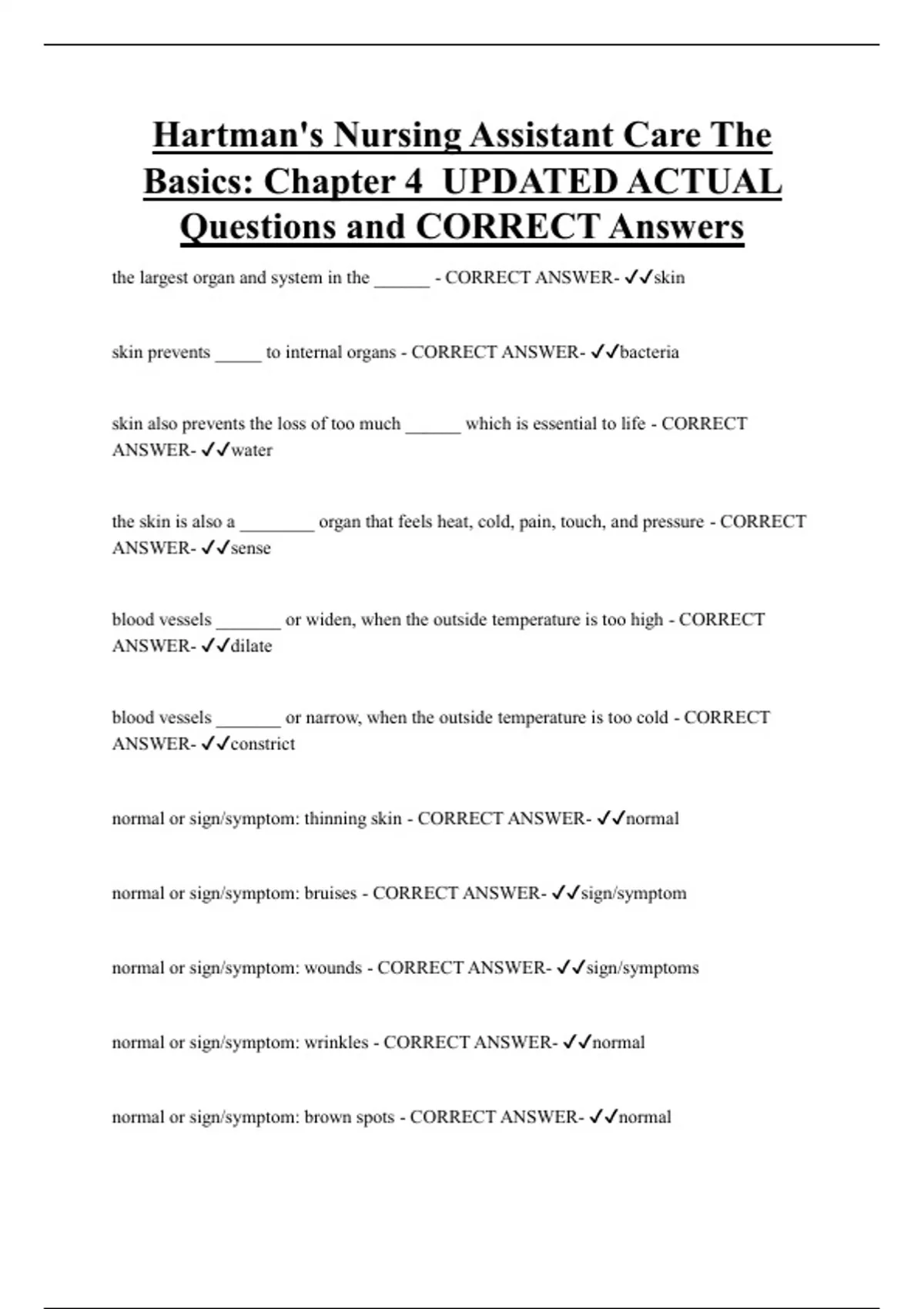 Hartman's Nursing Assistant Care The Basics: Chapter 4 UPDATED ACTUAL ...