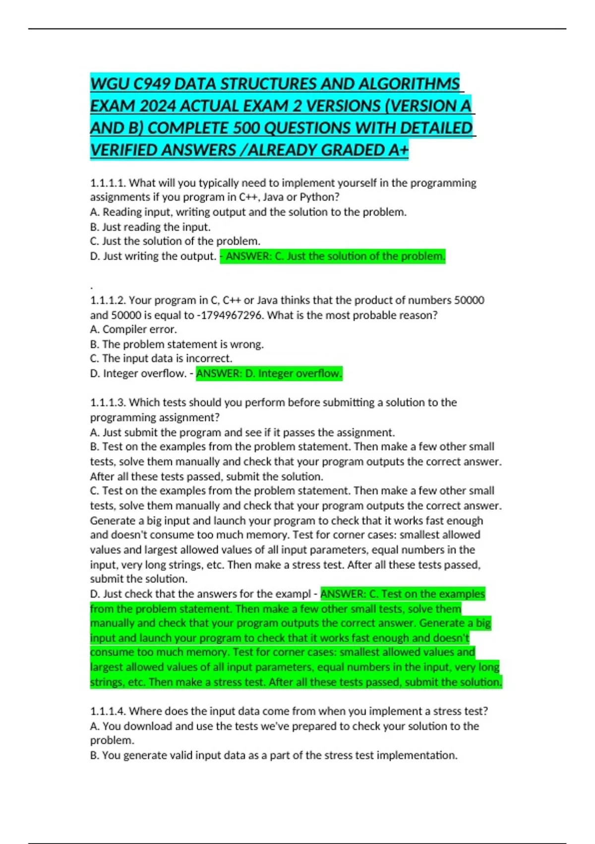 WGU C949 DATA STRUCTURES AND ALGORITHMS EXAM 2024 ACTUAL EXAM 2 VERSIONS (VERSION A AND B ...