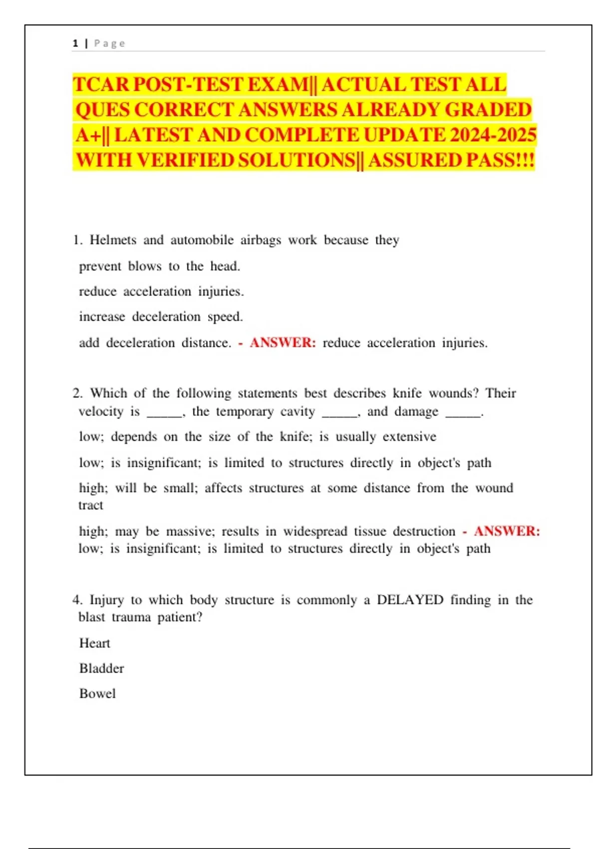 TCAR POST-TEST EXAM|| ACTUAL TEST ALL QUESTIONS WITH CORRECT ANSWERS ...