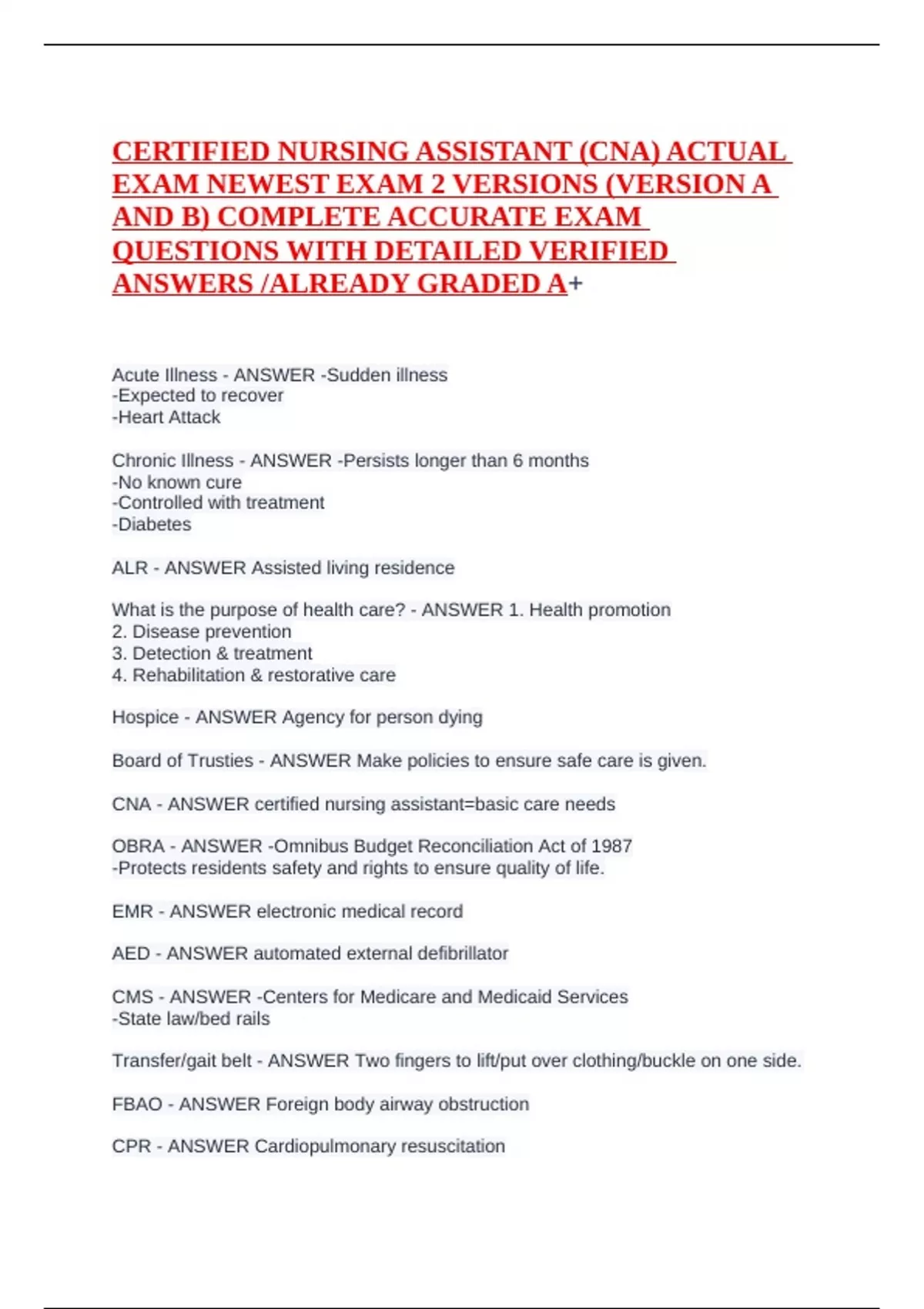 CERTIFIED NURSING ASSISTANT (CNA) ACTUAL EXAM NEWEST EXAM 2 VERSIONS ...