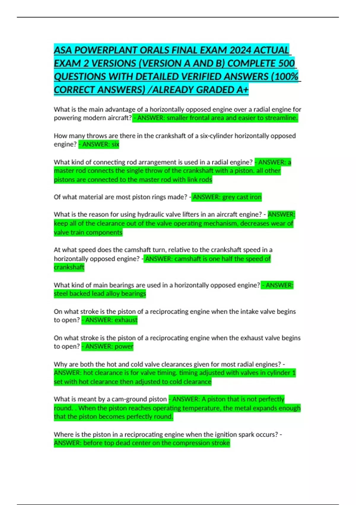 ASA POWERPLANT ORALS FINAL EXAM 2024 ACTUAL EXAM 2 VERSIONS (VERSION A ...