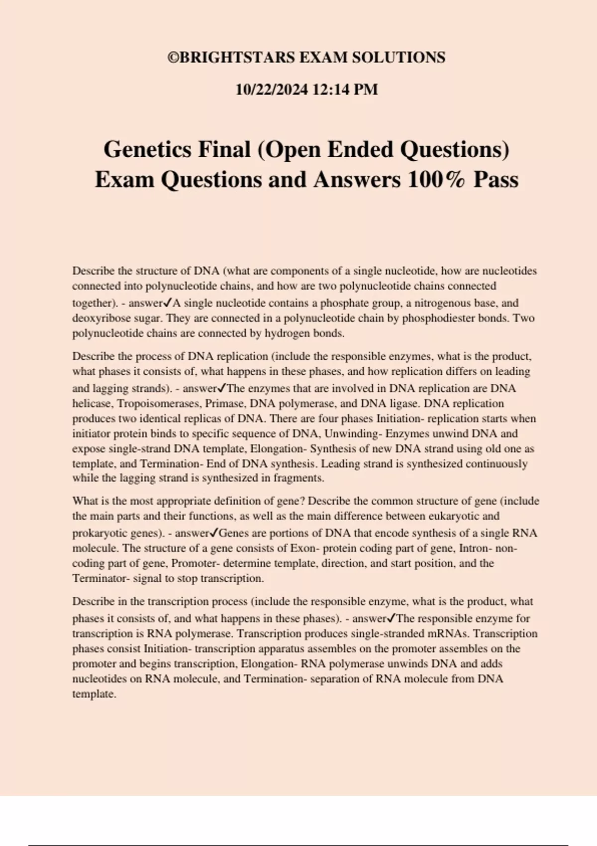 Genetics Final (Open Ended Questions) Exam Questions and Answers 100% ...