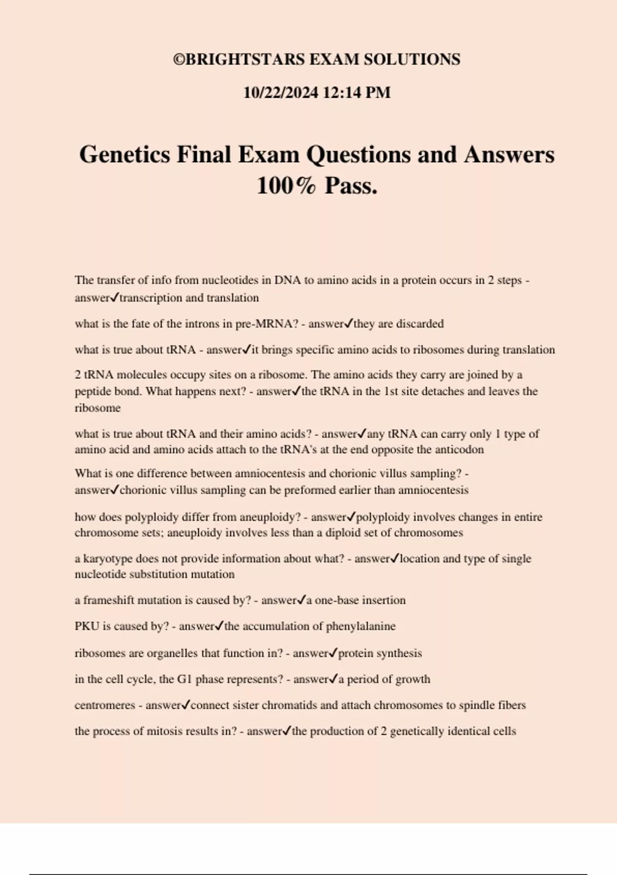 Genetics Final Exam Questions and Answers 100% Pass. - Genetics - Stuvia US