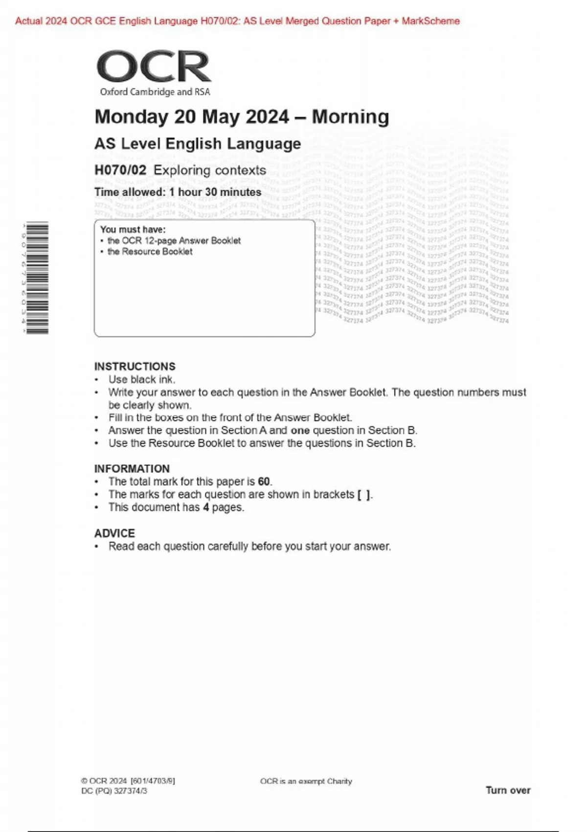 Actual 2024 OCR GCE English Language H070/02: Exploring contexts AS Level MergedQuestion Paper ...